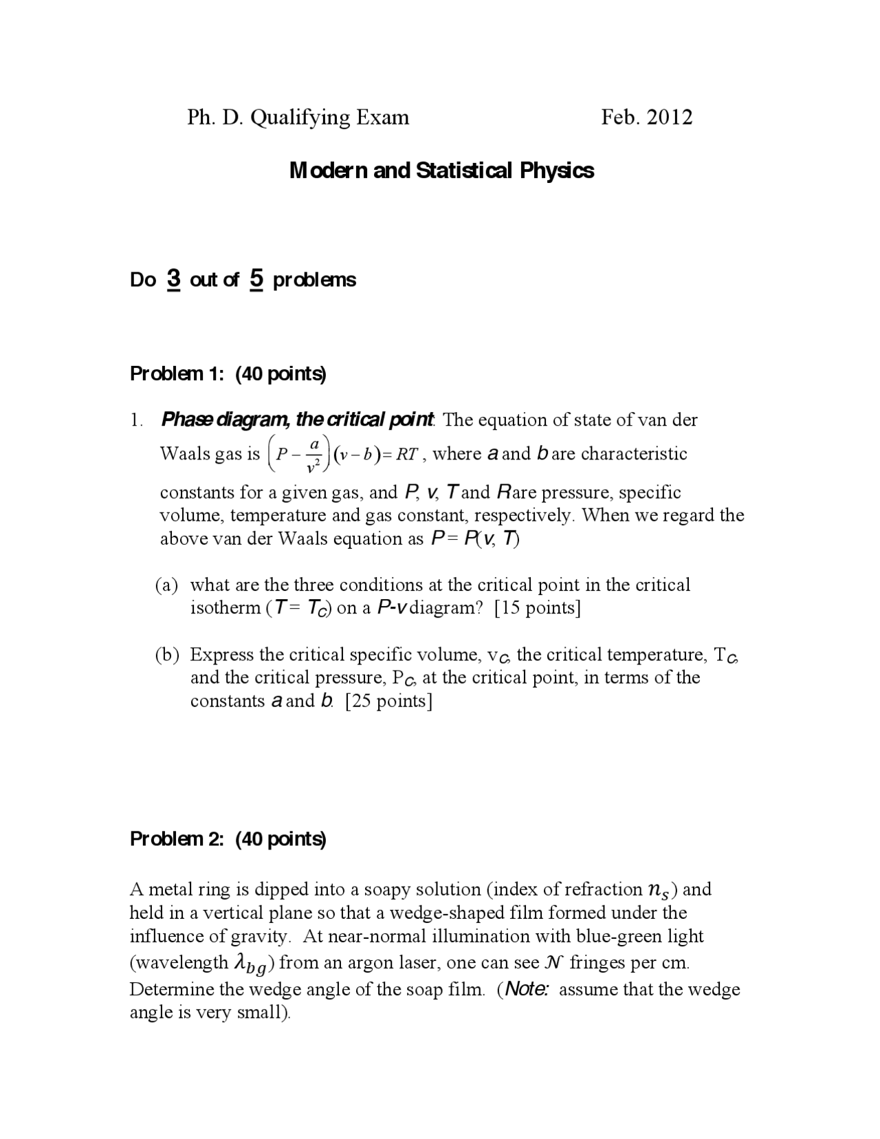 Phase Diagram, Critical Point - Modern and Statistical Physics - Exam ...