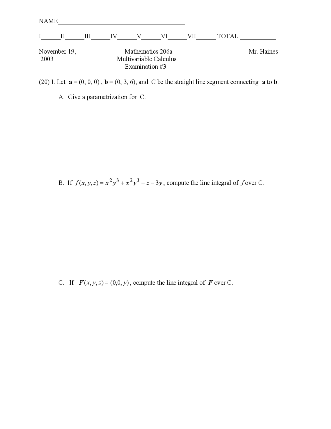 Line Integral - Multivariable - Exam - Docsity