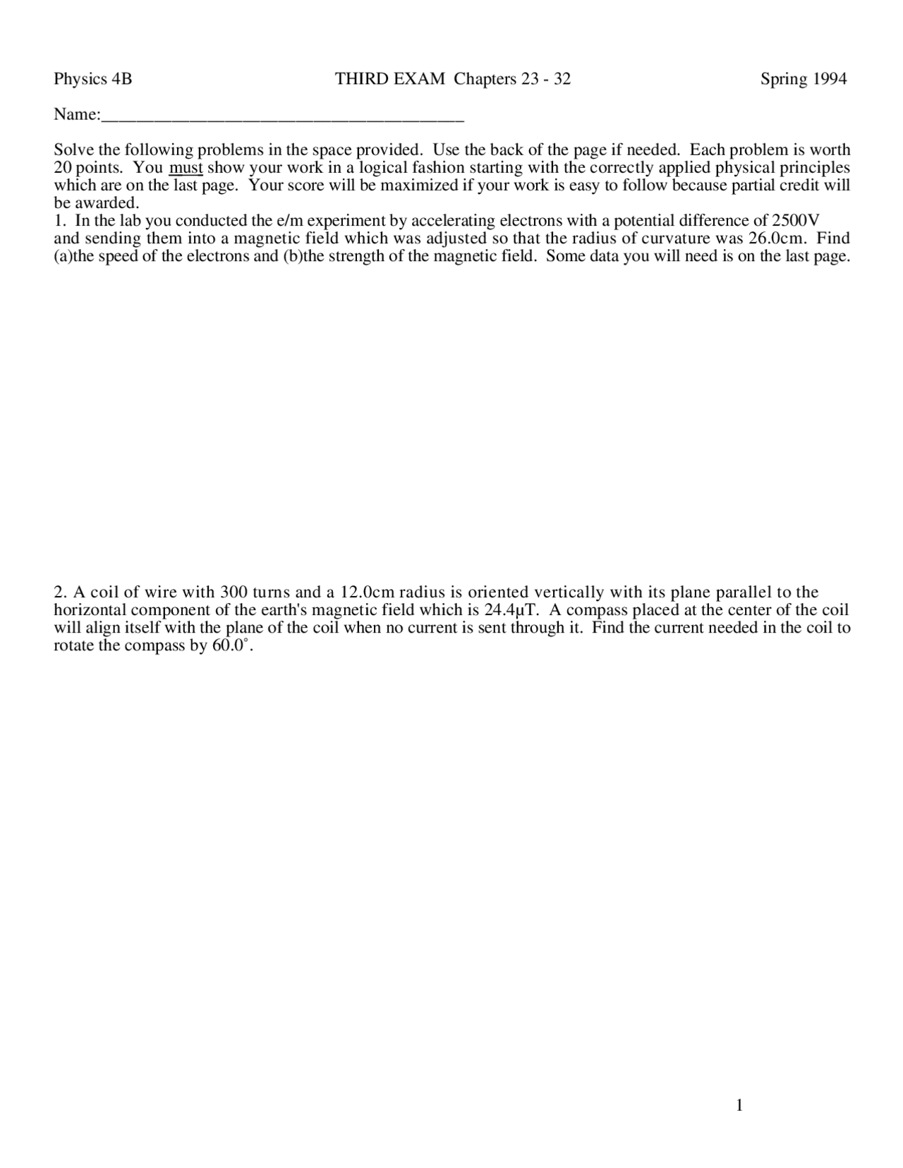 Speed of Electrons - Electricity and Magnetism - Past Paper - Docsity