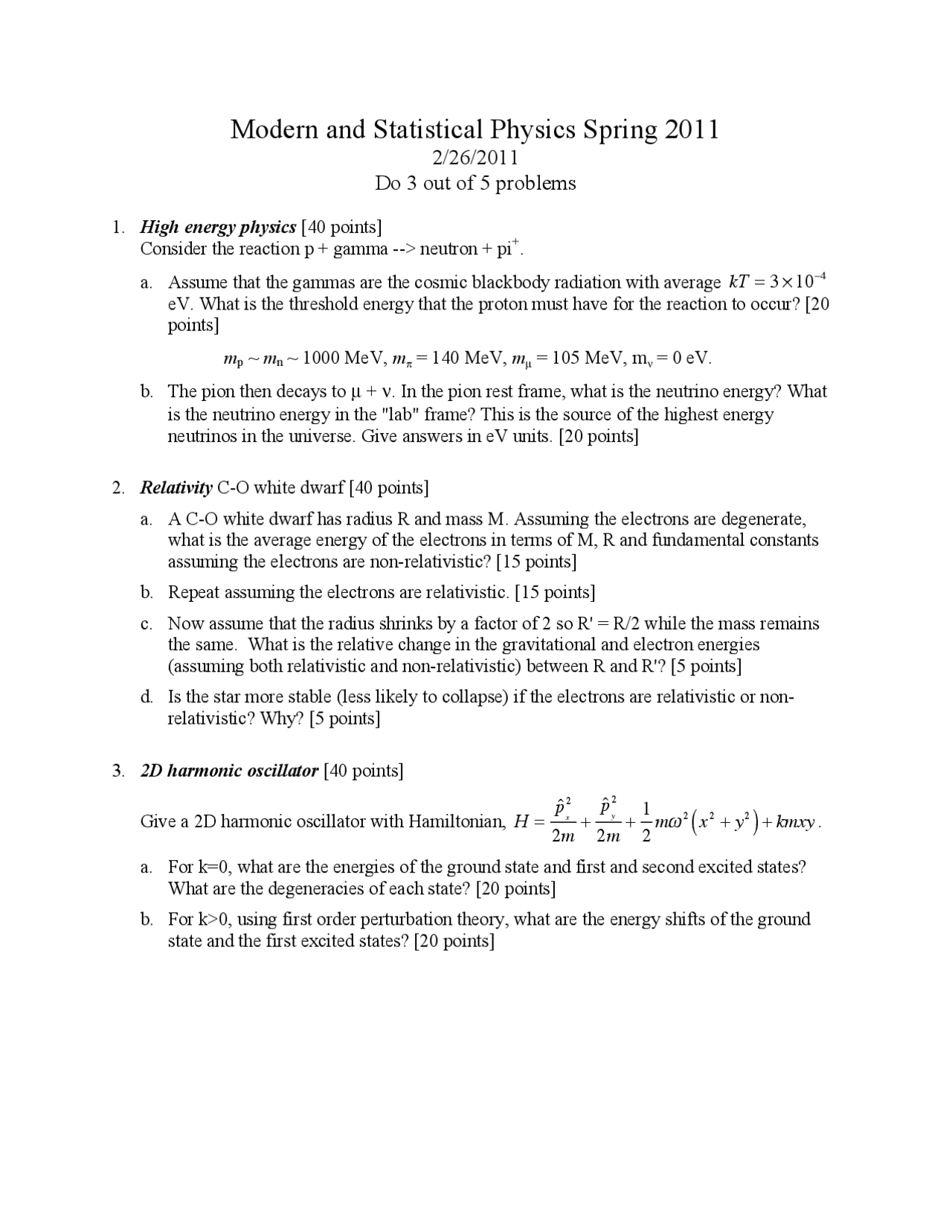 High Energy Physics - Modern and Statistical Physics - Exam - Docsity