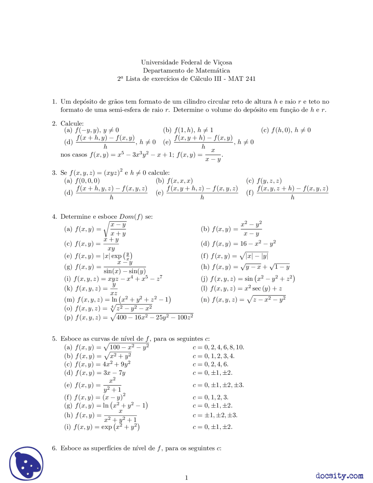 Cálculo III Lista 2 - Exercícios - Cálculo III | Notas de estudo ...