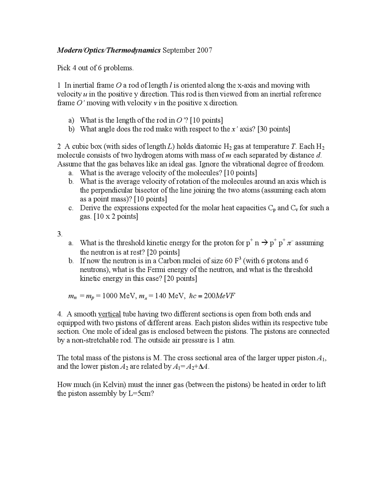 Inertial Frame - Modern and Statistical Physics - Exam - Docsity