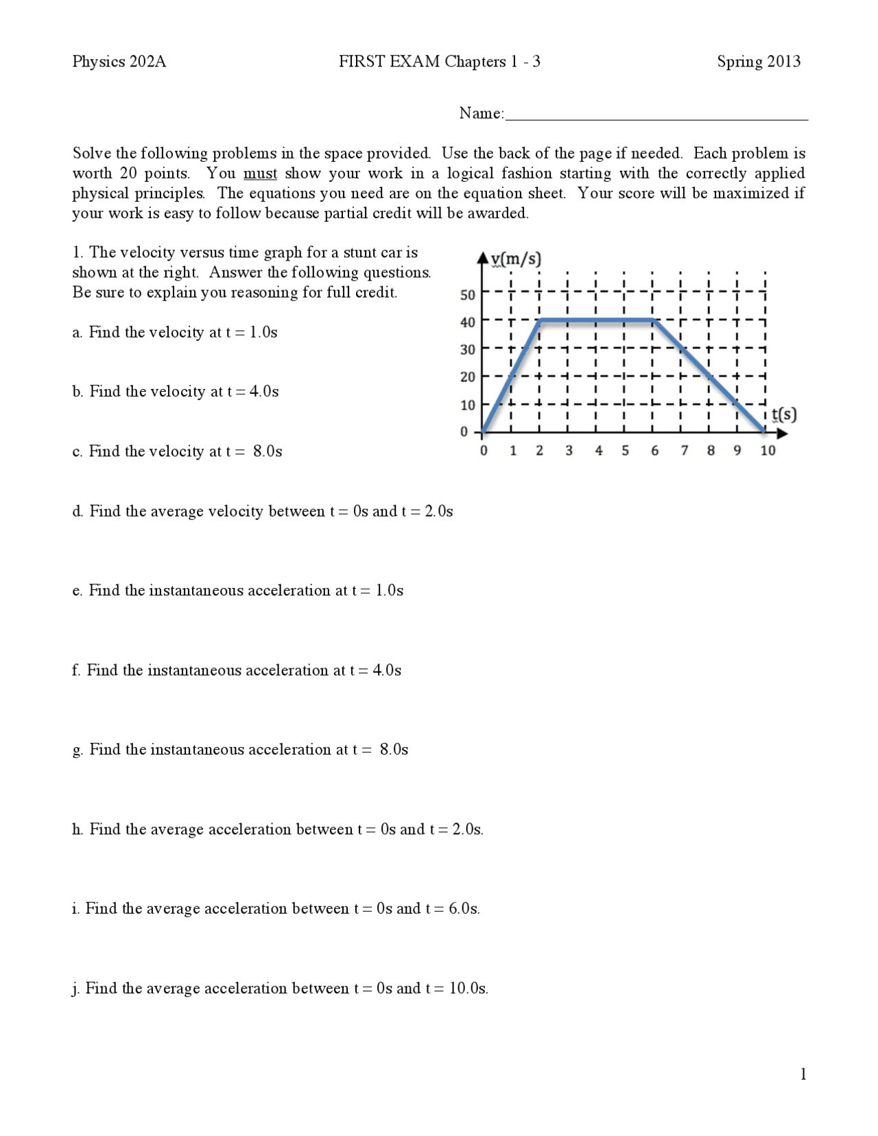 Instantaneous Acceleration General Physics Exam Docsity