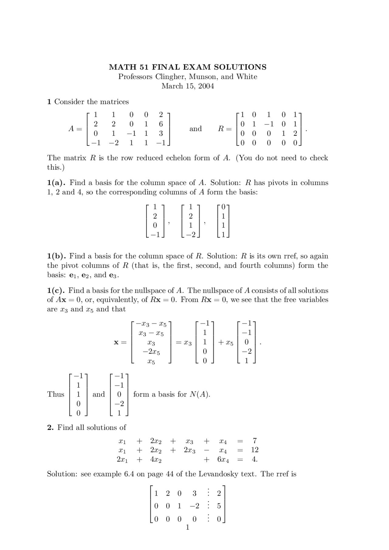 MATH 51 Final Exam Solutions: Matrix Operations, Eigenvalues, and Vector Calculus | Exams ...