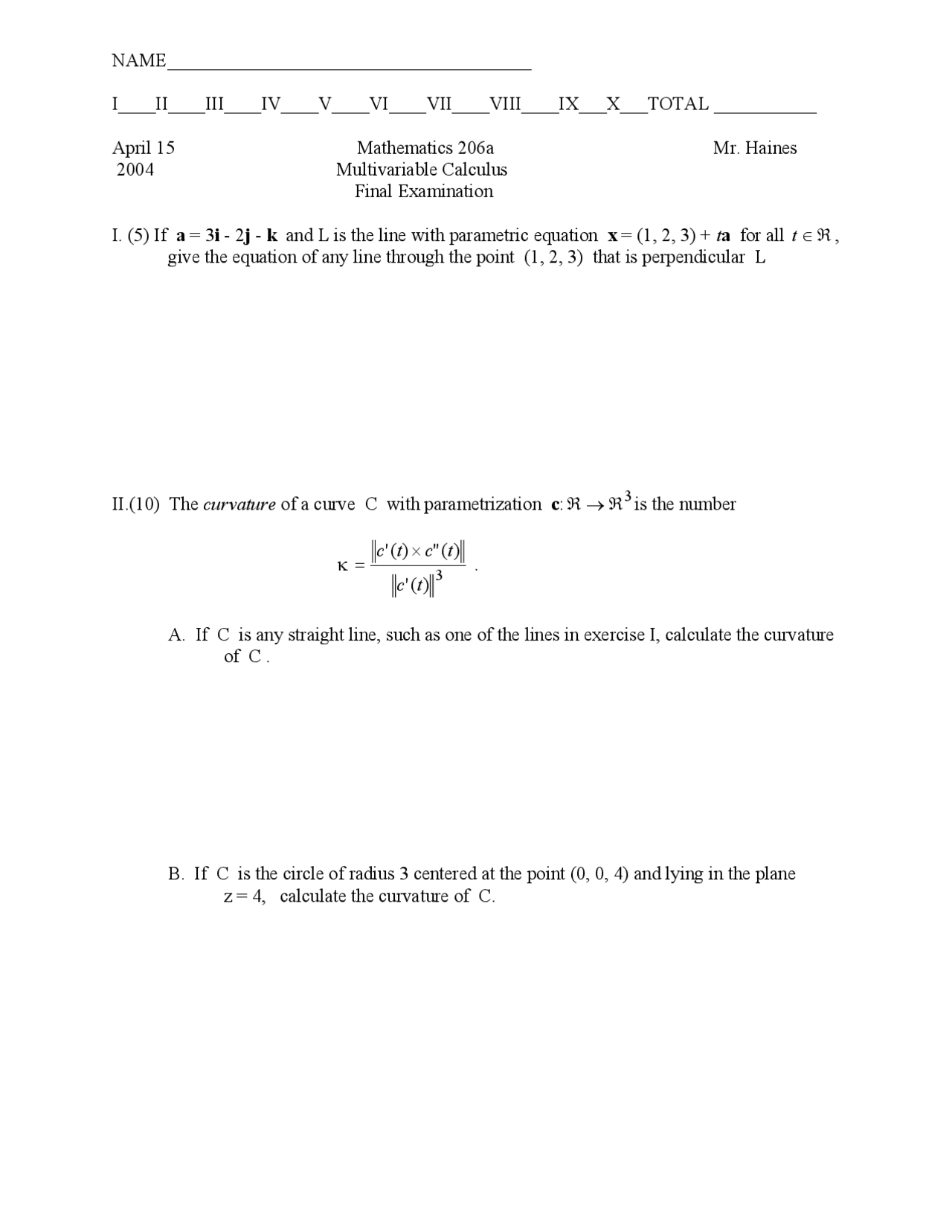 Perpendicular Multivariable Exam Docsity