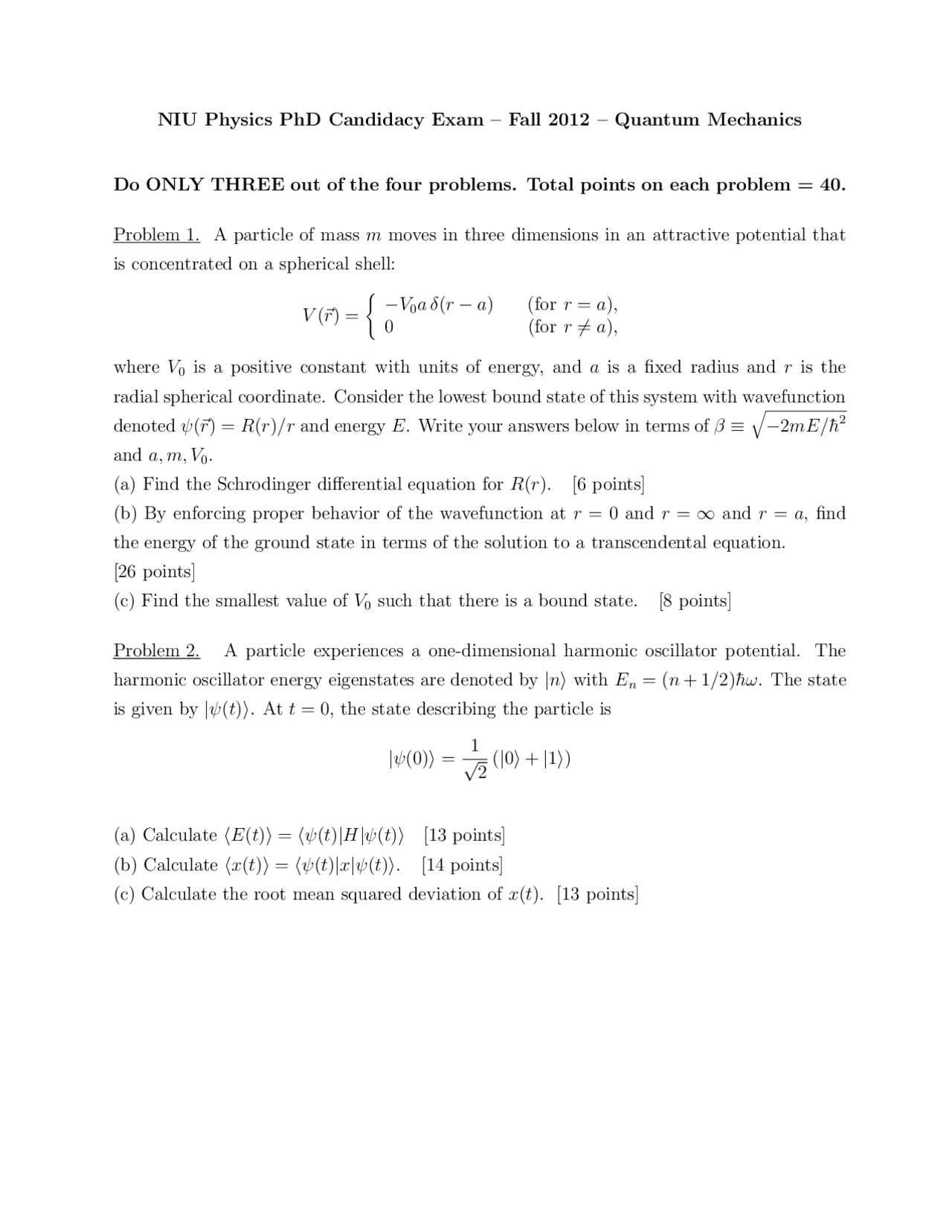 Lowest Bound State - Introduction to Quantum Mechanics - Exam - Docsity