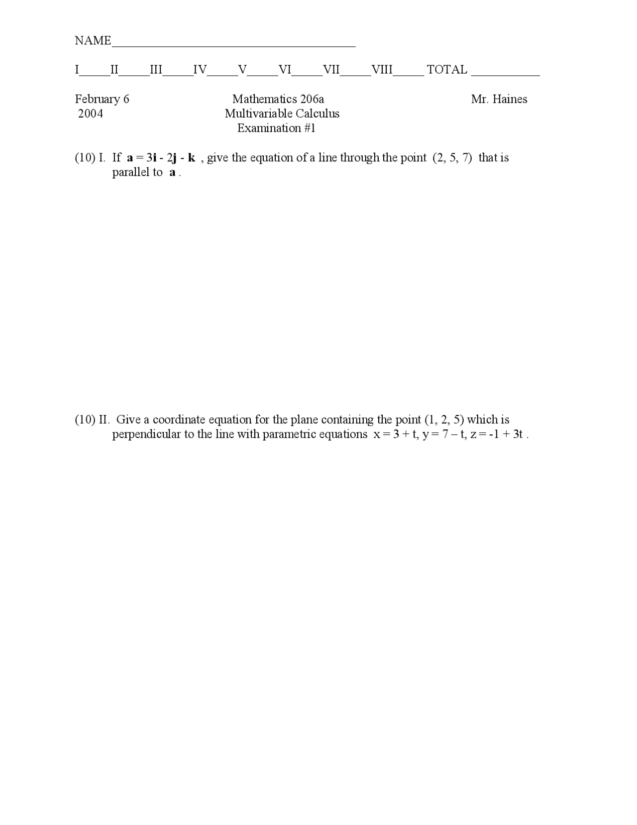 Line Multivariable Exam Docsity