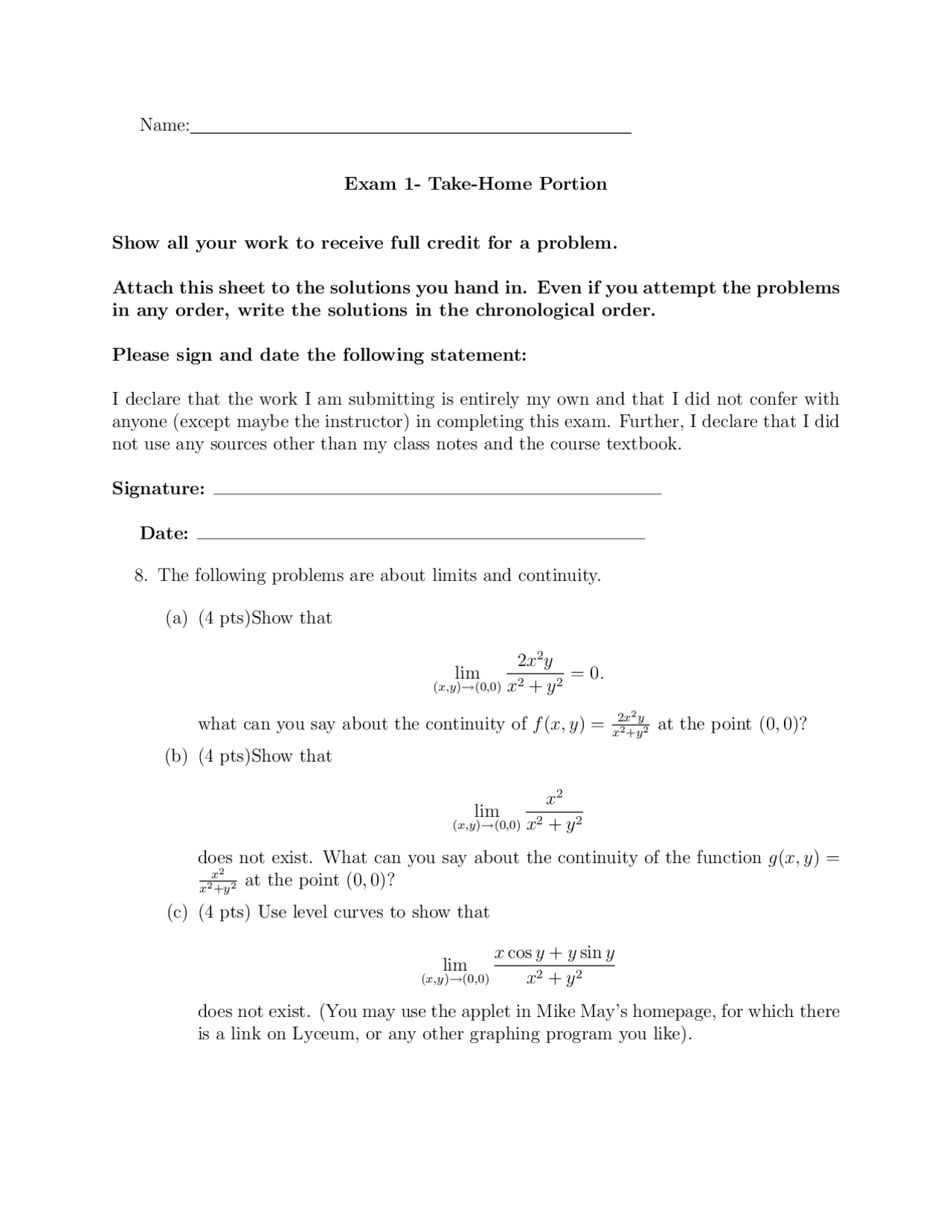 Continuity - Multivariable - Exam | Exams Mathematics | Docsity