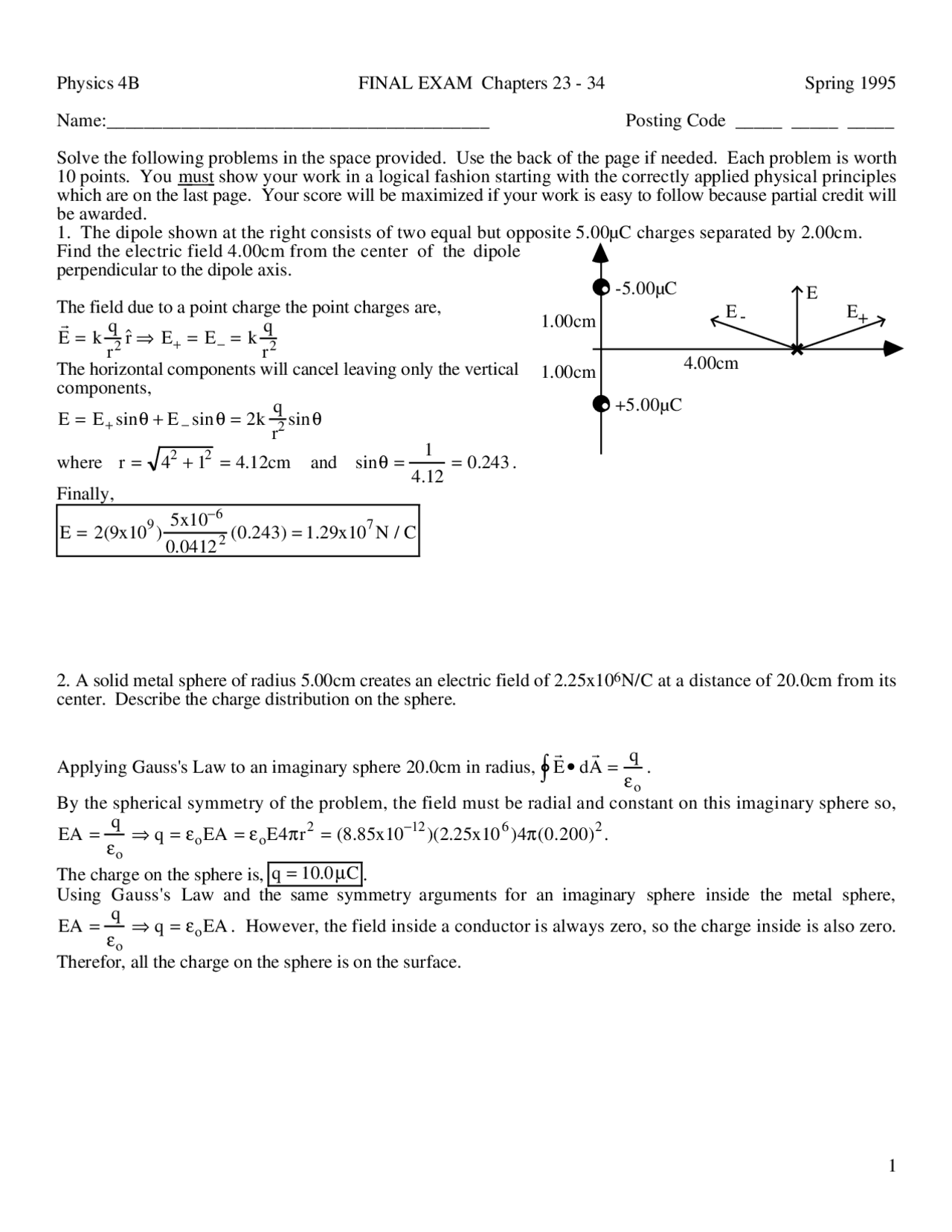 Dipole Axis - Electricity and Magnetism - Solved Past Paper - Docsity