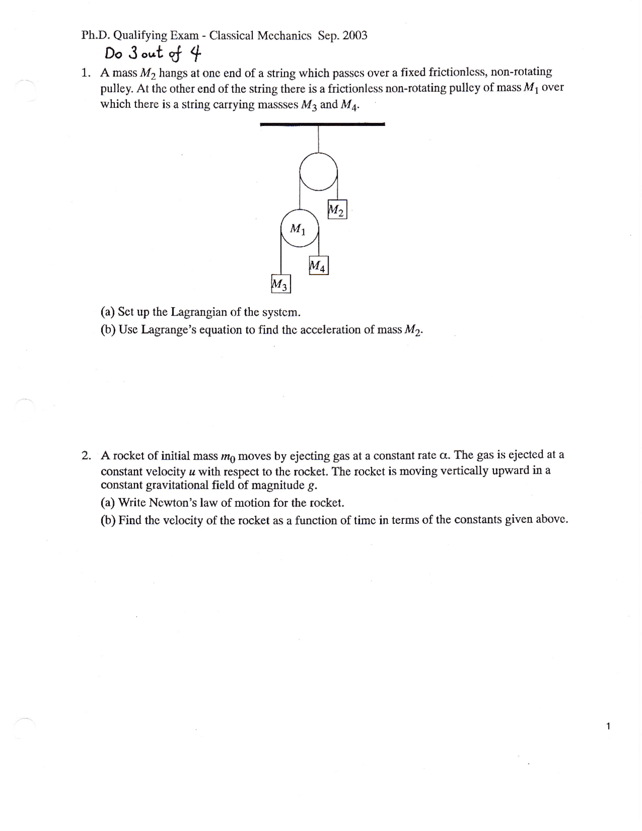Lagrangian of System - Classical Mechanics - Exam - Docsity