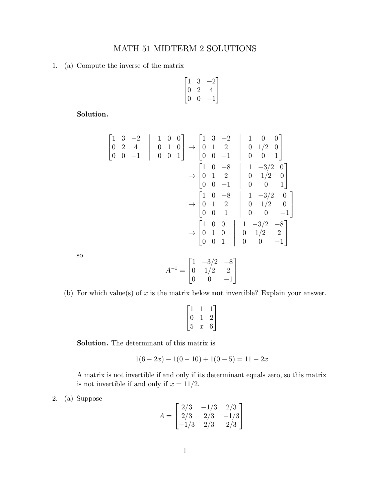 Inverse Linear Algebra And Multivariable Calculus Second Midterm