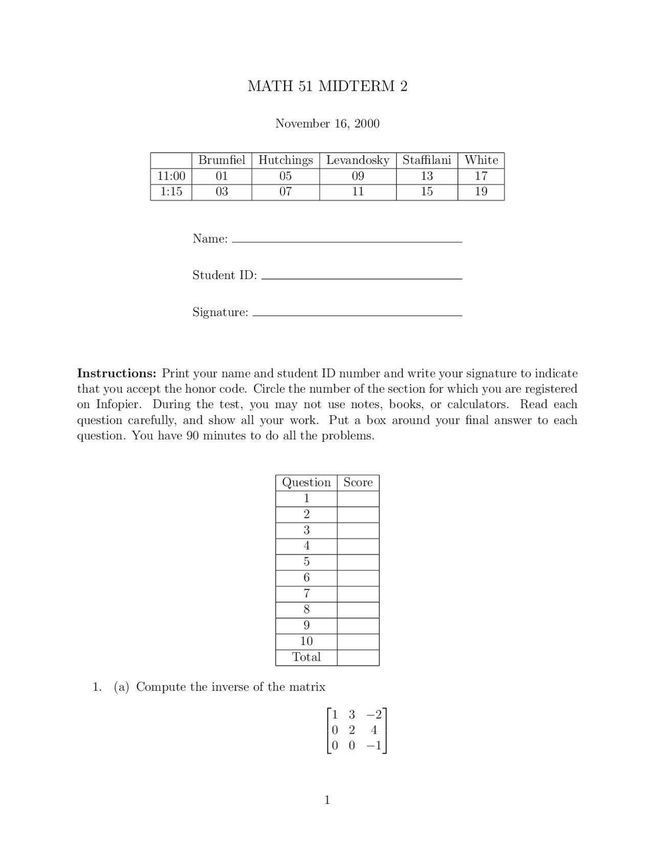 Inverse Linear Algebra And Multivariable Calculus Second Midterm