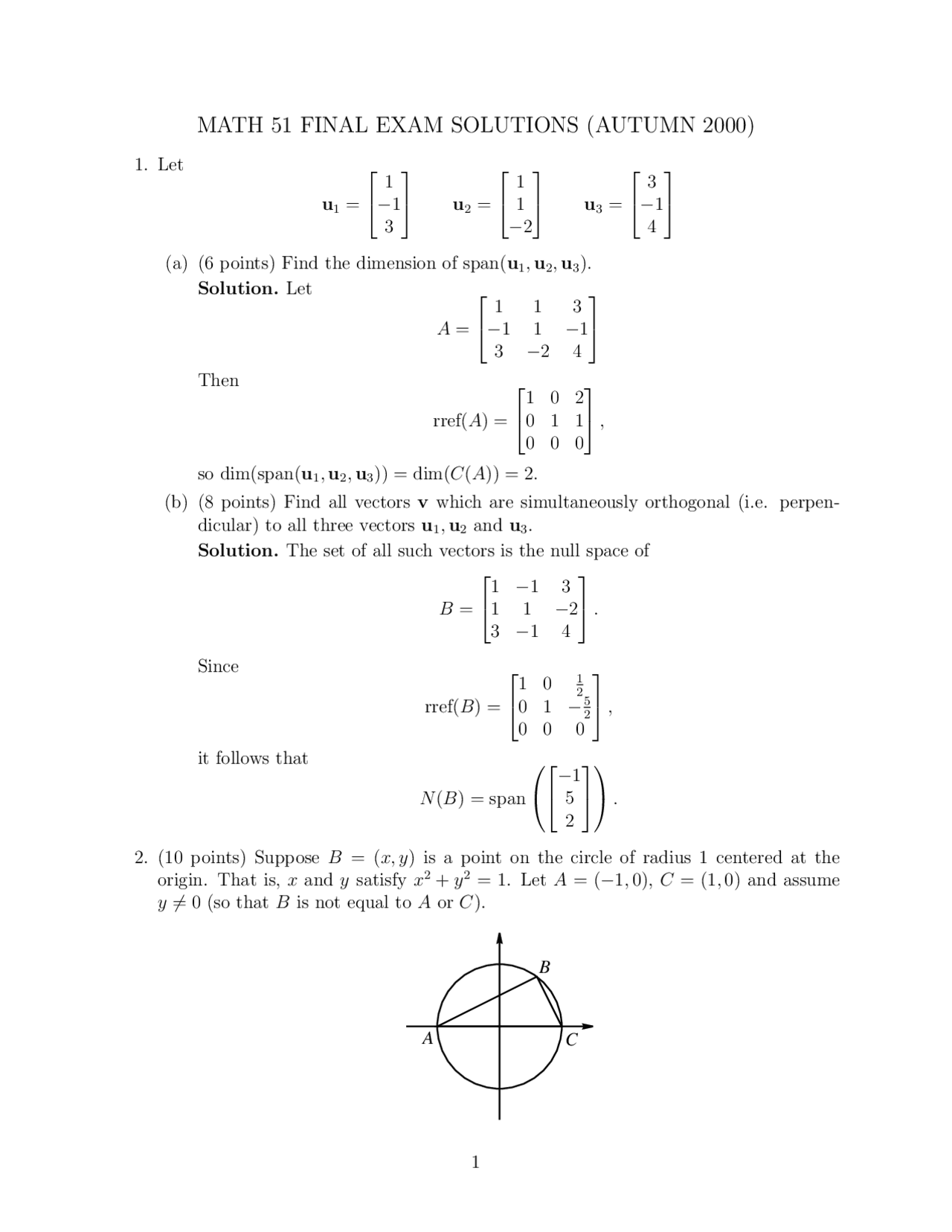 Vectors Linear Algebra And Multivariable Calculus Final Solved Exam