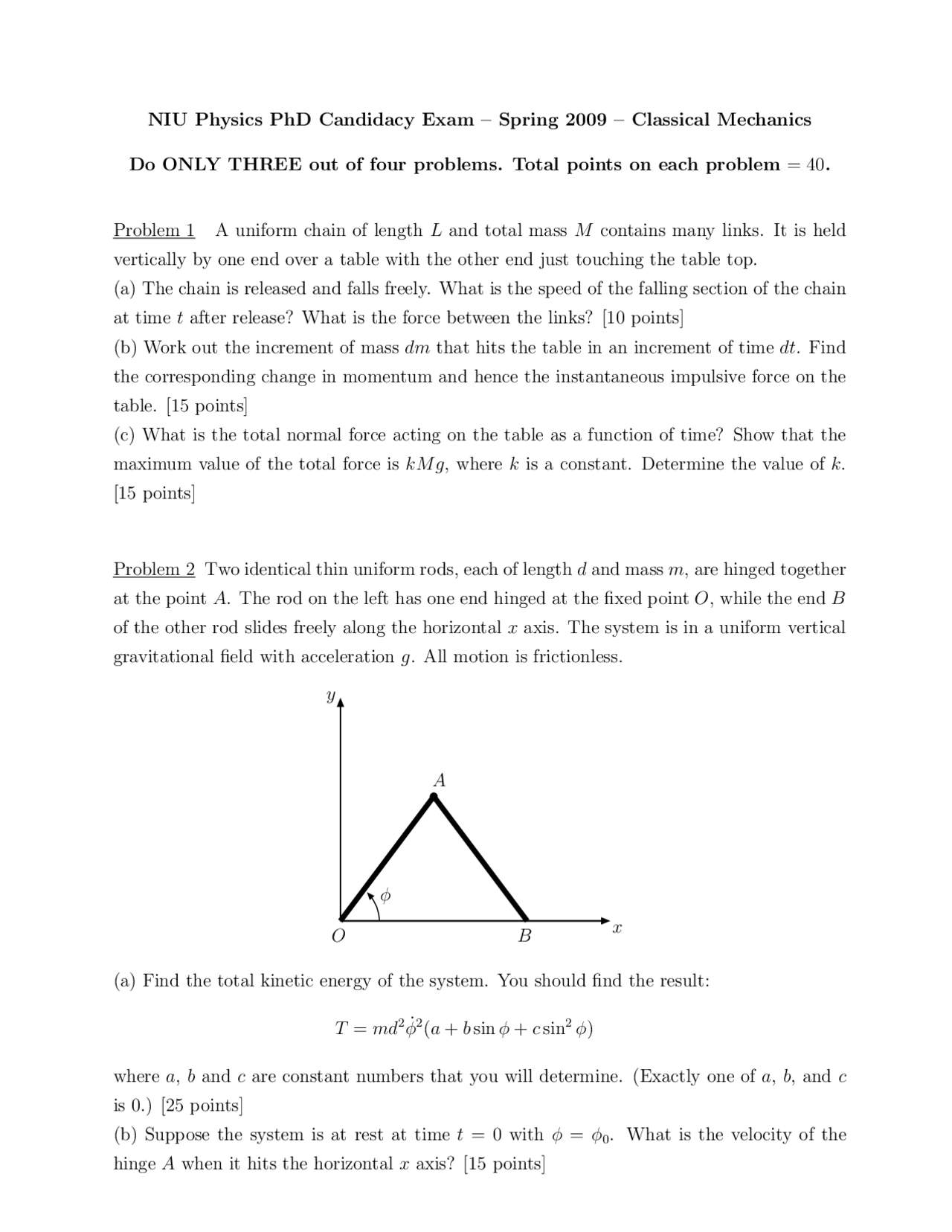 Instantaneous Impulsive Force - Classical Mechanics - Exam - Docsity