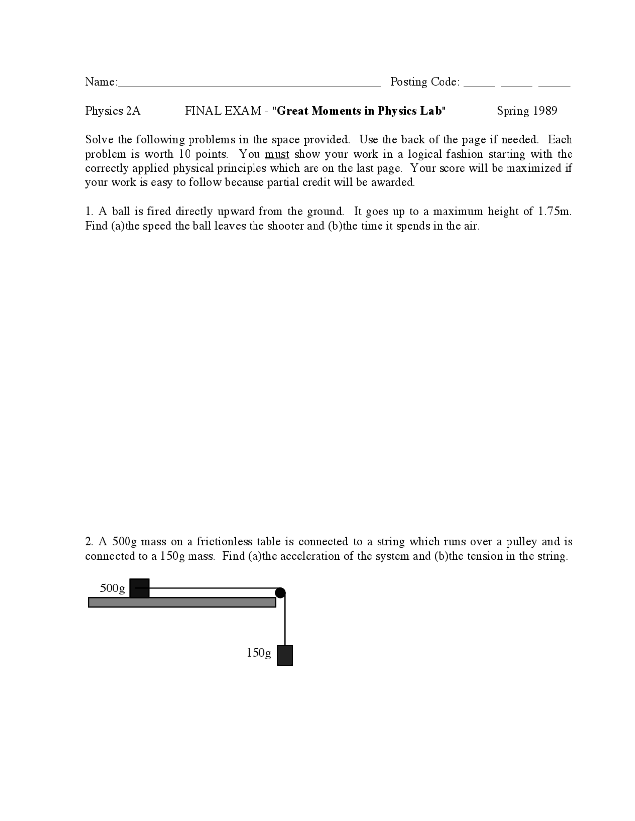 Acceleration Of System General Physics Exam Docsity