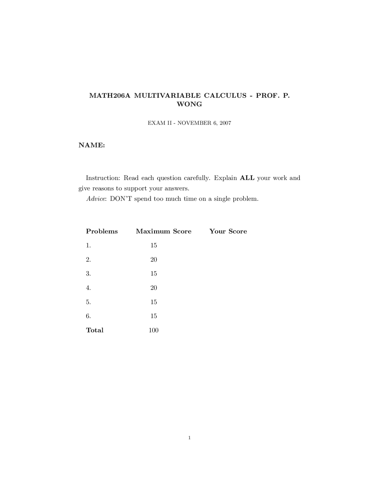 Function Multivariable Exam Docsity