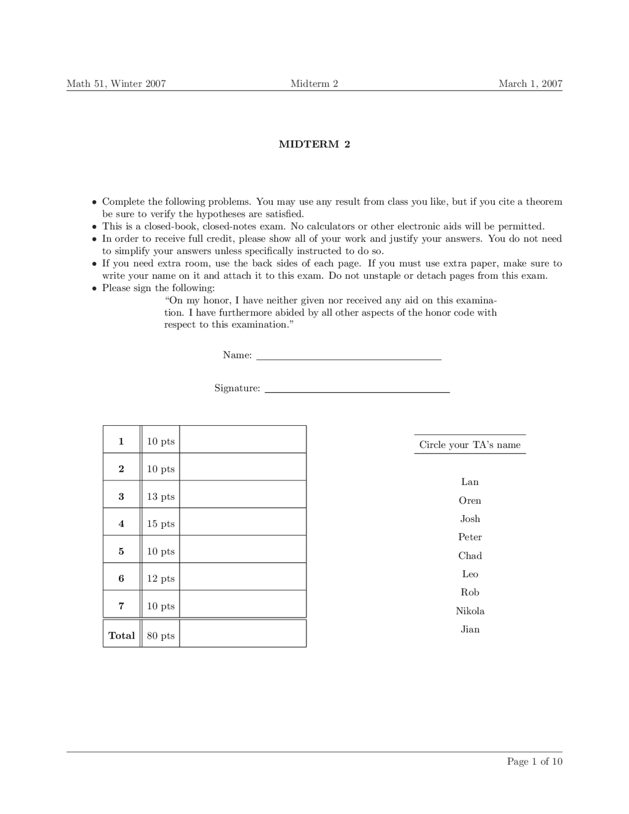 Gram Schmidt - Linear Algebra and Multivariable Calculus - Second Midterm Exam - Docsity