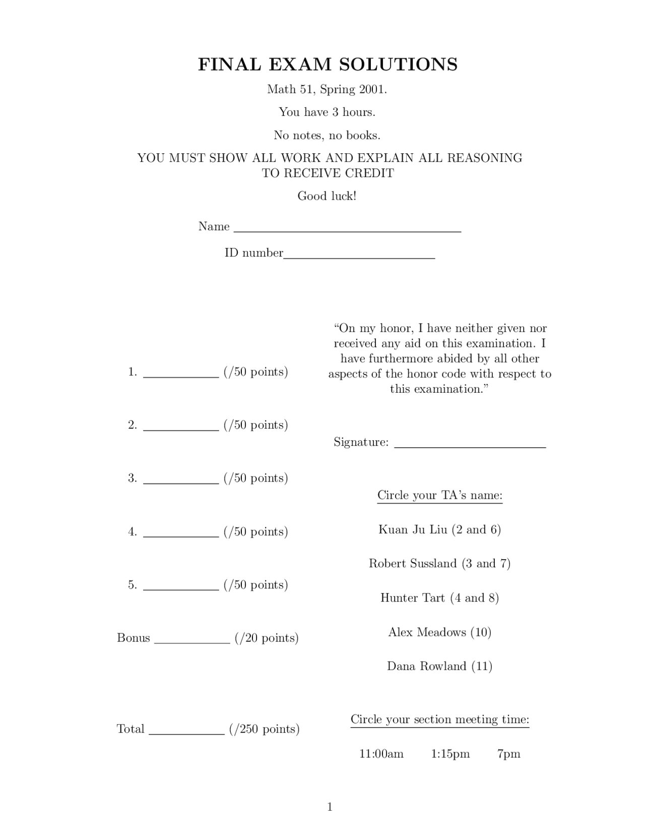 Components Linear Algebra And Multivariable Calculus Final Solved