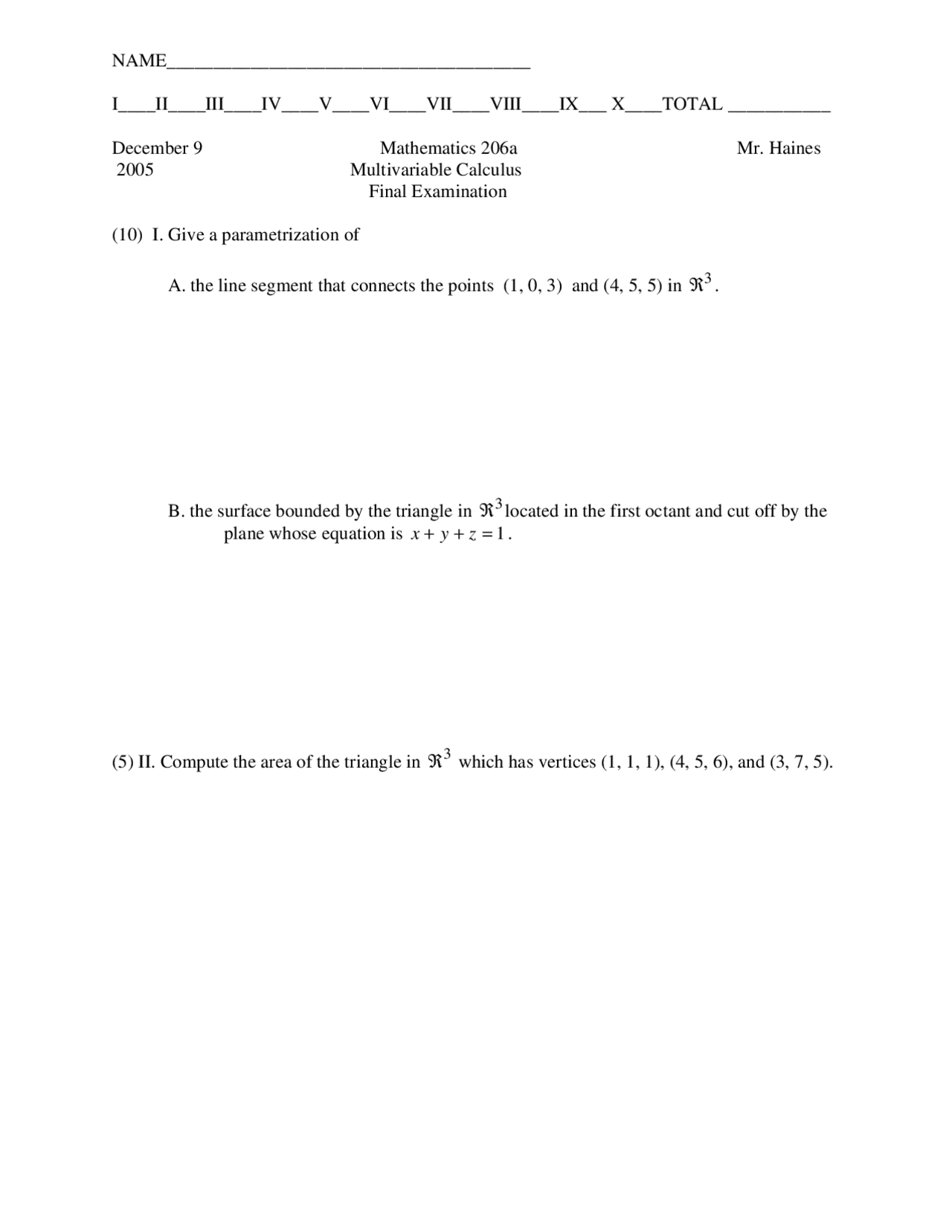 Triangle - Multivariable - Exam - Docsity