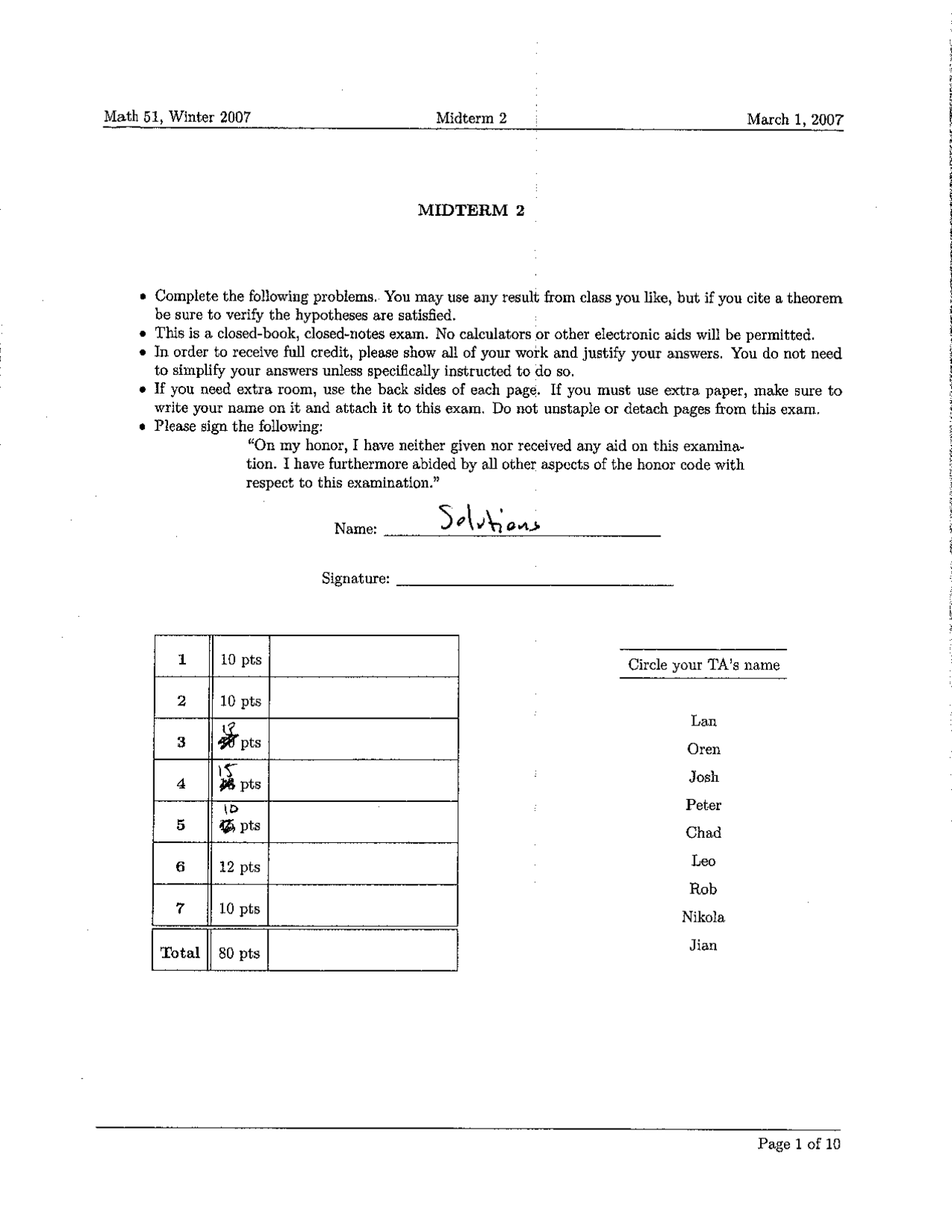 Gram Schmidt - Linear Algebra and Multivariable Calculus - Second Midterm Solved Exam - Docsity