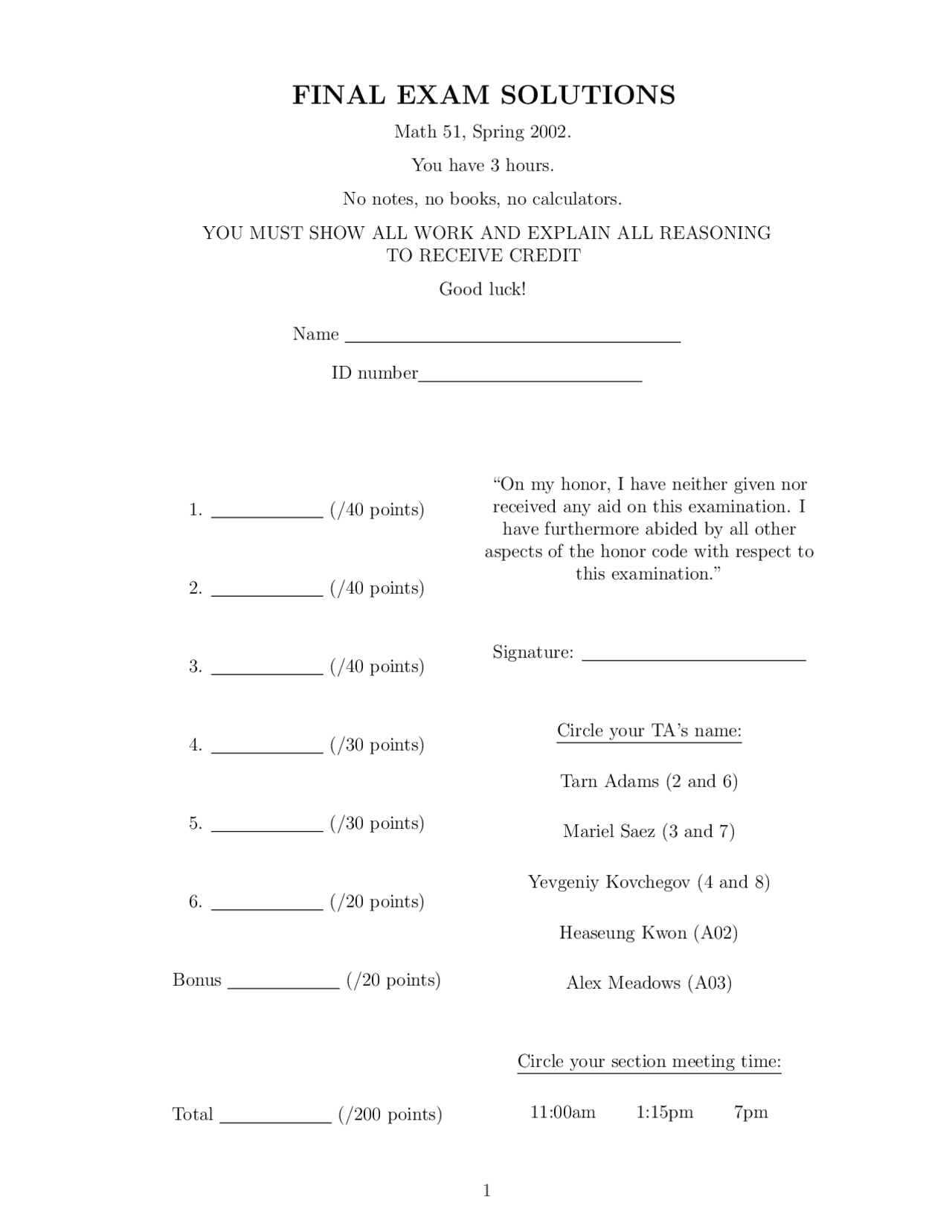 Computing - Linear Algebra and Multivariable Calculus - Final Solved Exam - Docsity