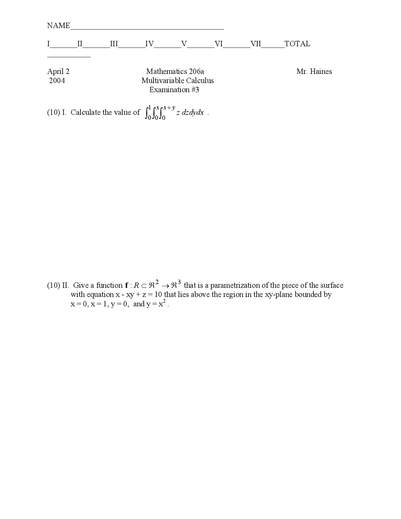 Value Multivariable Exam Docsity