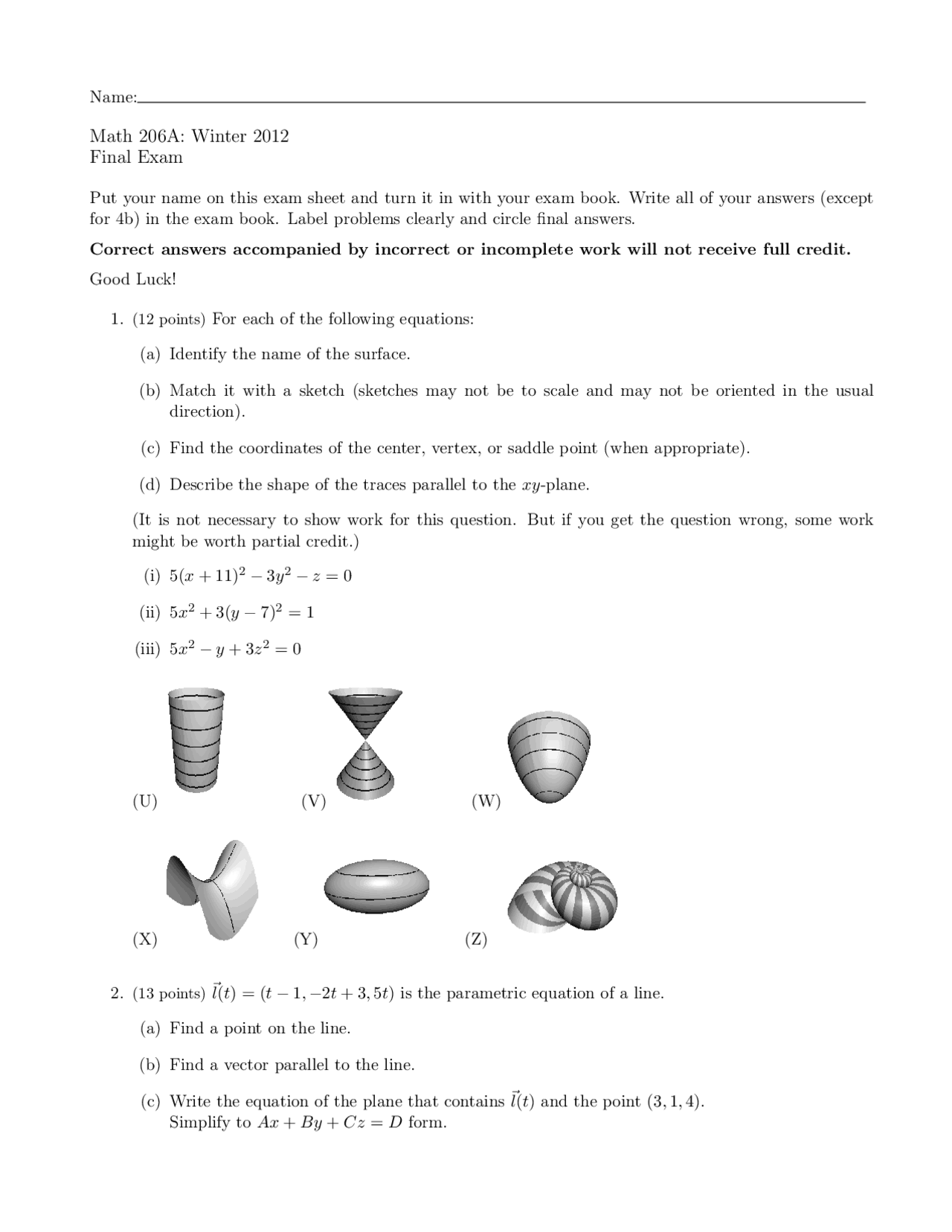 Sketch Multivariable Exam Docsity
