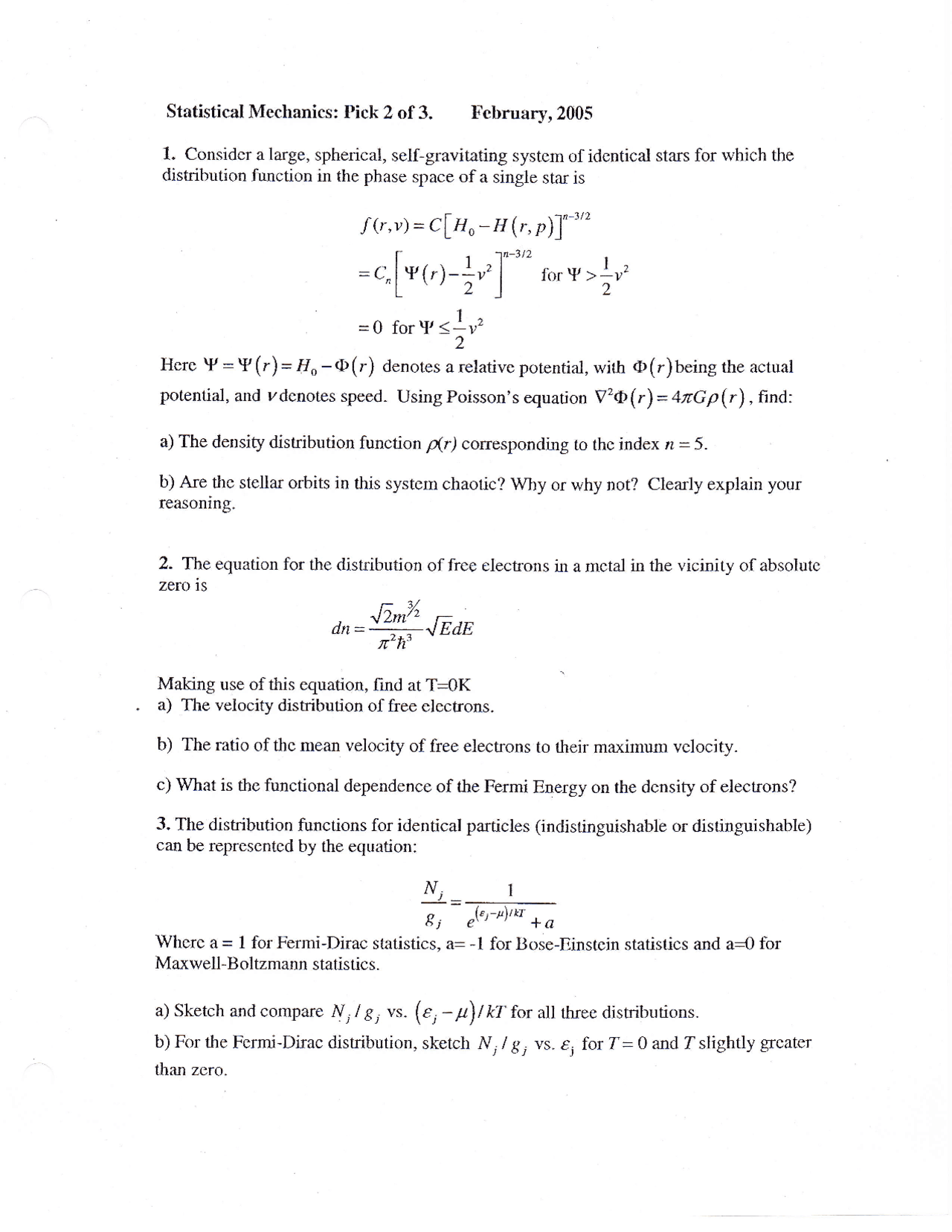 Density Distribution Function - Modern and Statistical Physics - Exam - Docsity