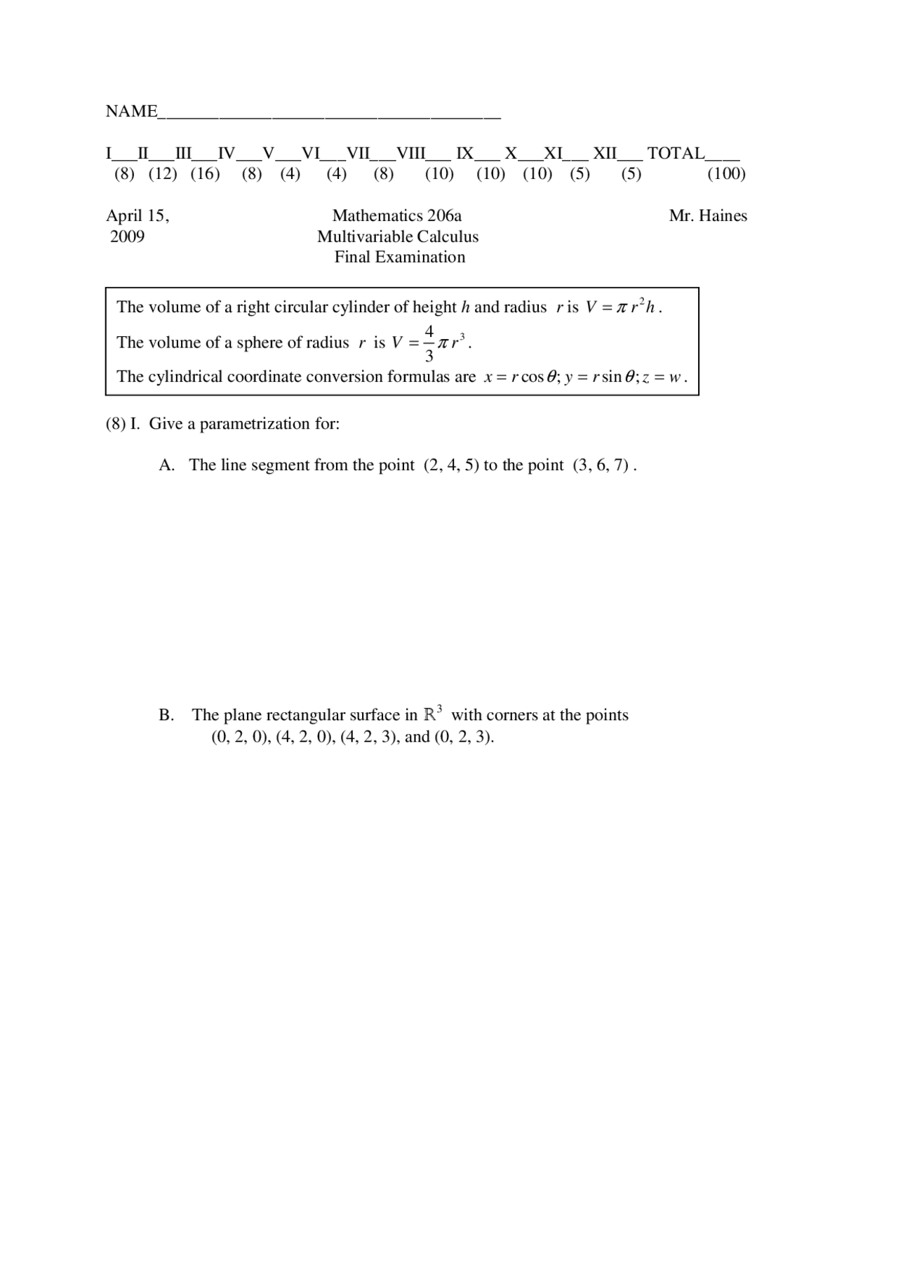 Right Circular Cylinder - Multivariable - Exam - Docsity