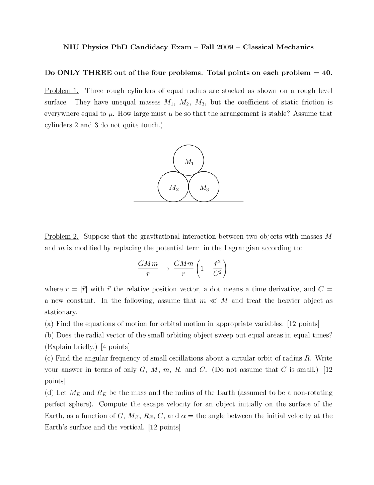 Coefficient of Static Friction - Classical Mechanics - Exam | Exams Classical Mechanics | Docsity