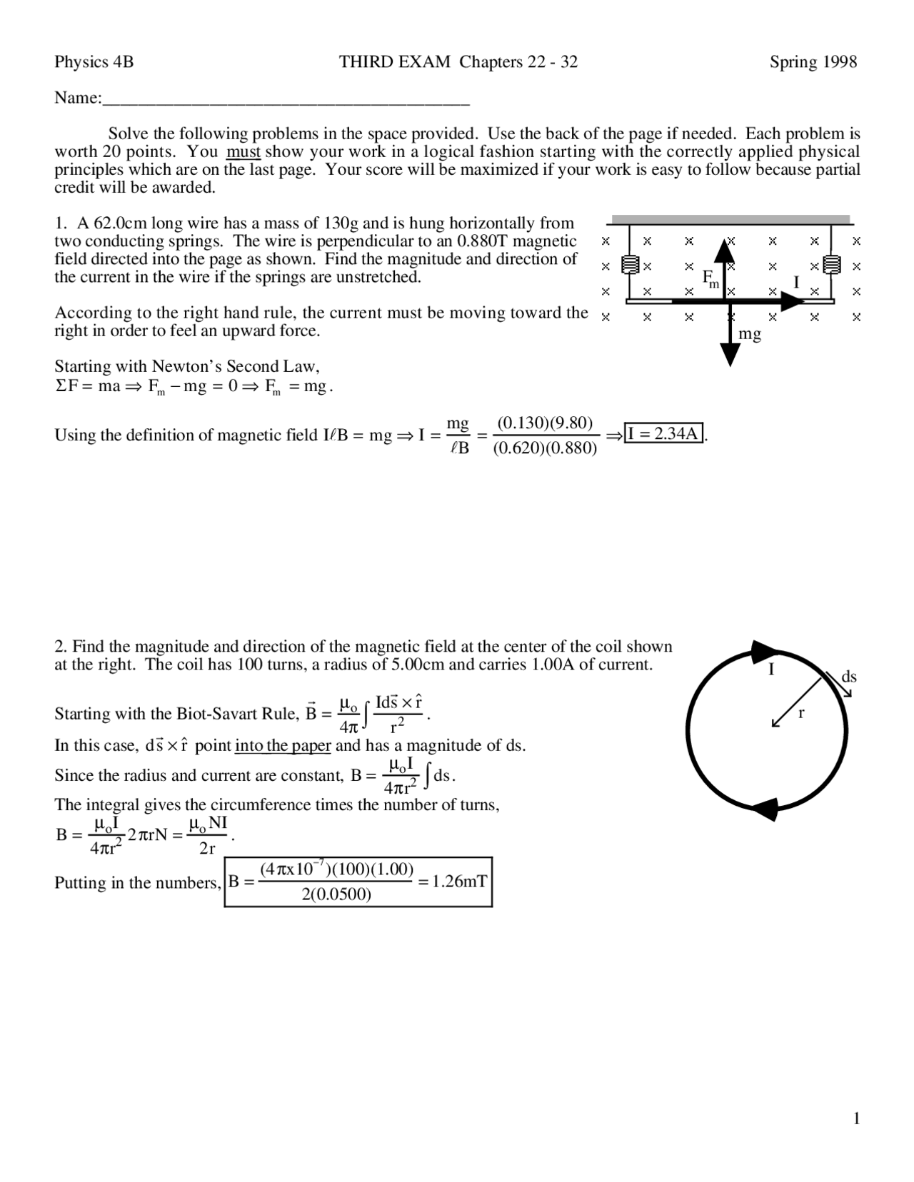 Physics Exam: Problems on Magnetic Fields and Inductance (Spring 1998) | Exams Electromagnetism ...