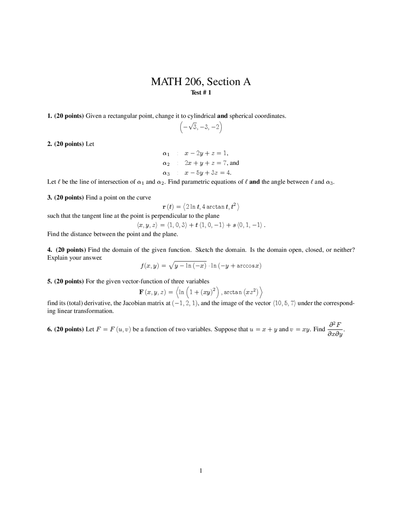 Rectangular Point Multivariable Exam Docsity