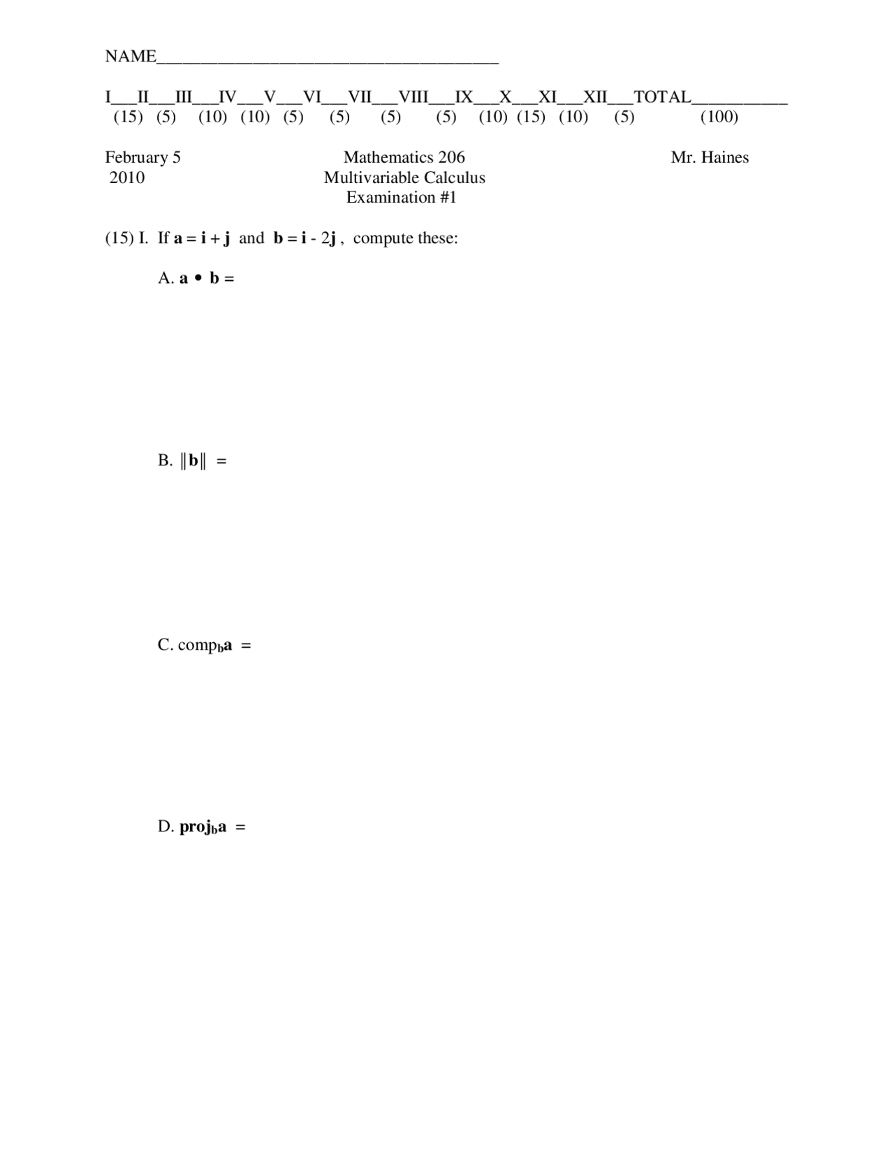 Compute Multivariable Exam Docsity