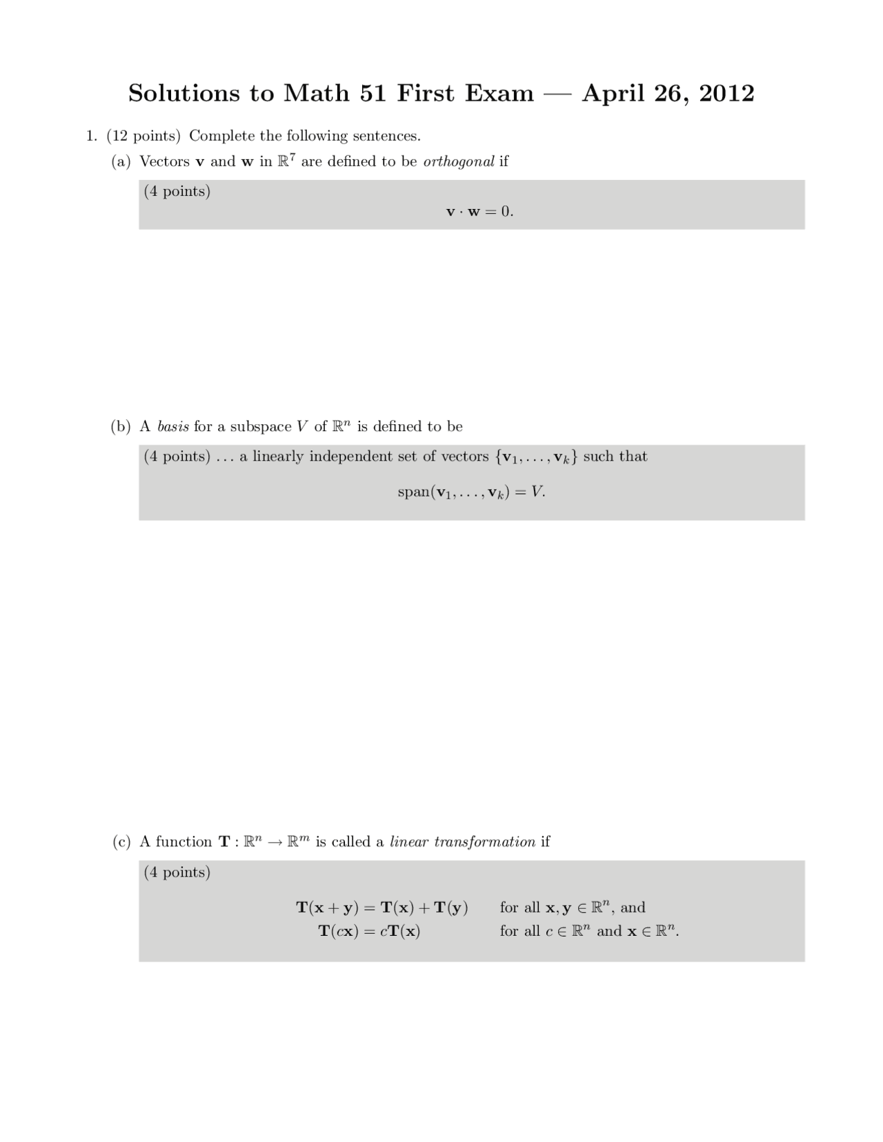 Dividing - Linear Algebra and Multivariable Calculus - First Midterm Solved Exam | Exams ...