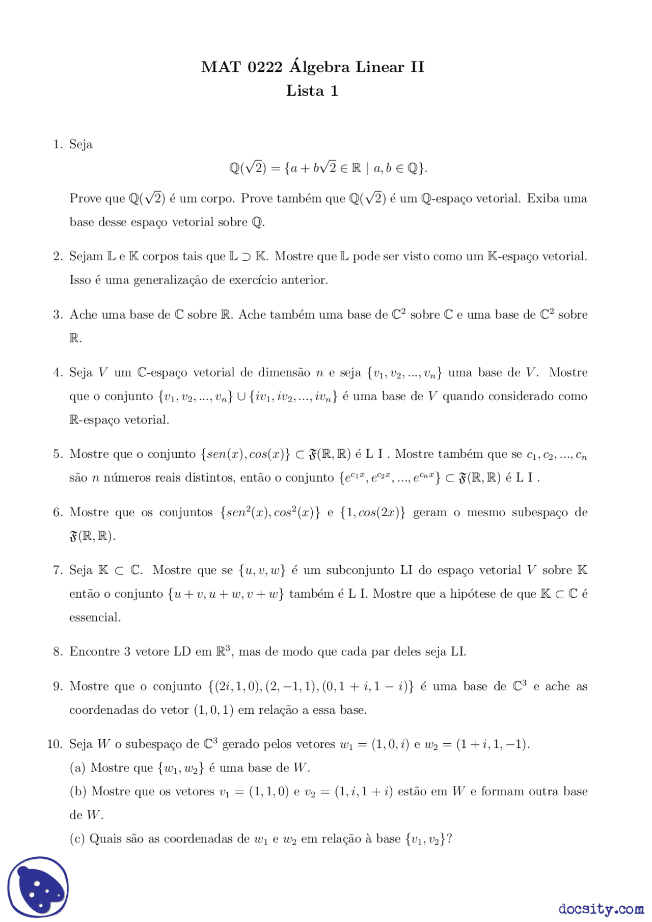 Algebra Linear Ii Exercícios Matemática Docsity