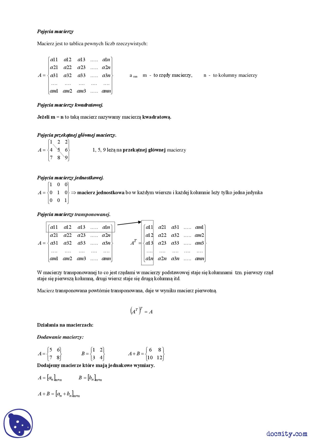 Macierze - Notatki - Matematyka - Część 1 | Notatki Matematyka | Docsity