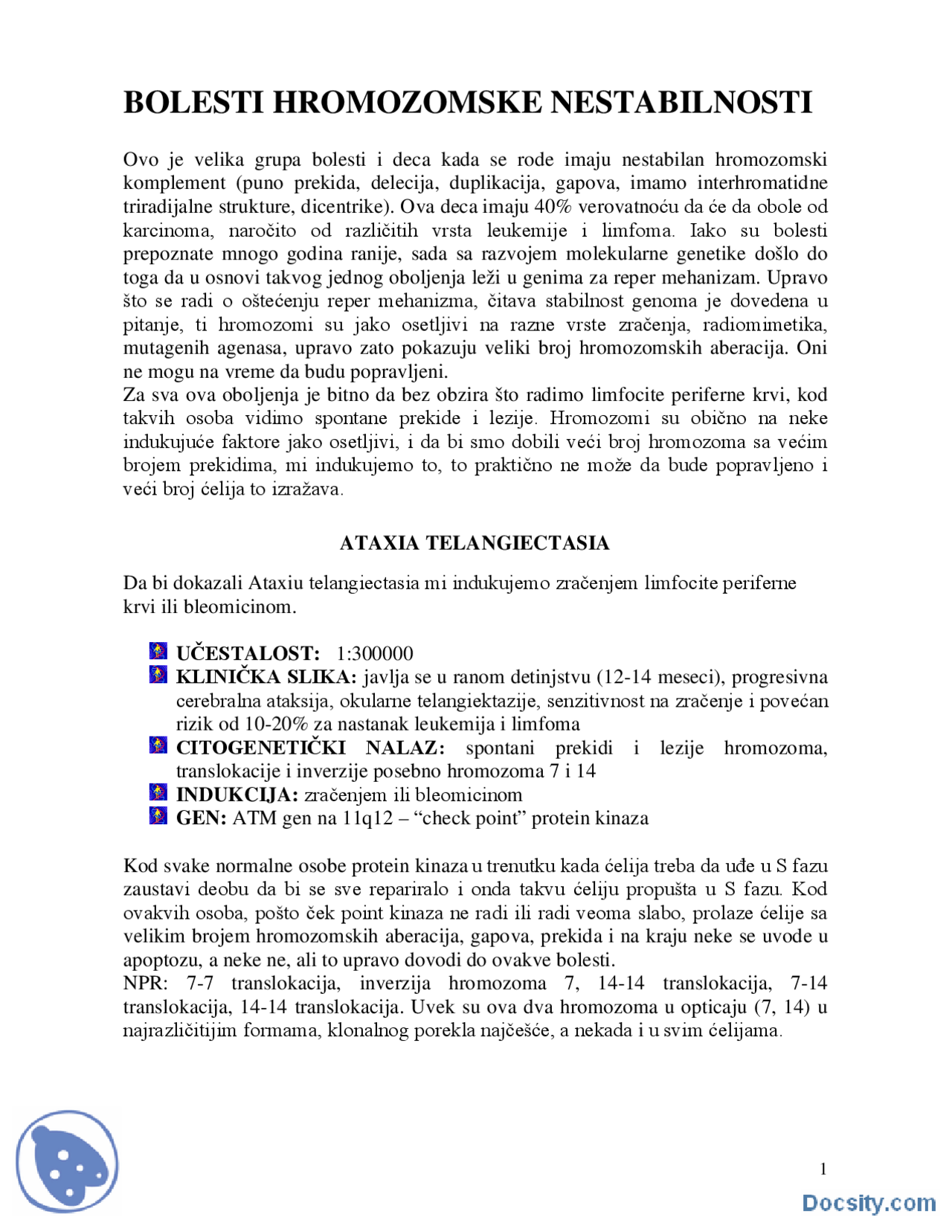 BOLESTI HROMOZOMSKE NESTABILNOSTI-skripta-Medicinska Genetika | Rezime' predlog Medicinska ...