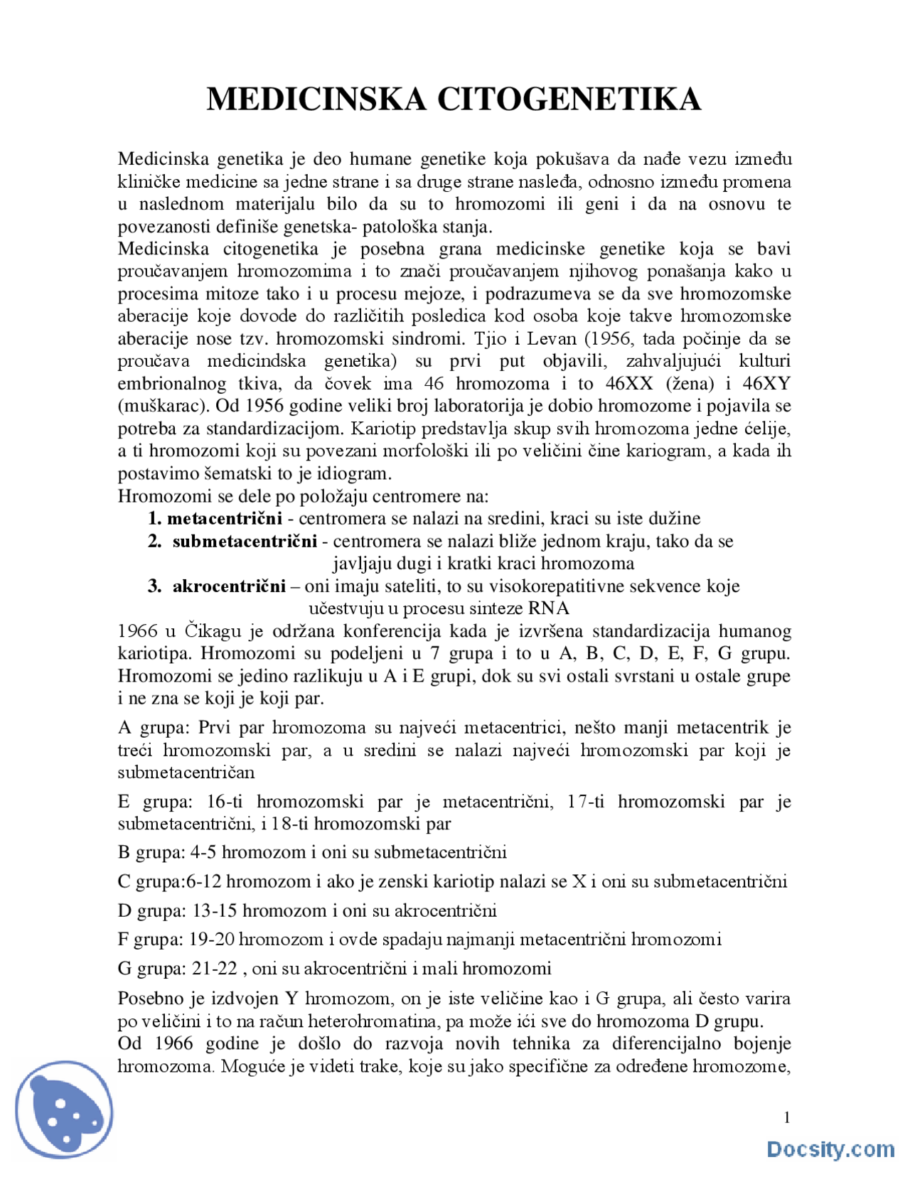 MEDICINSKA CITOGENETIKA-skripta-Medicinska Genetika | Rezime' predlog Medicinska genetika - Docsity