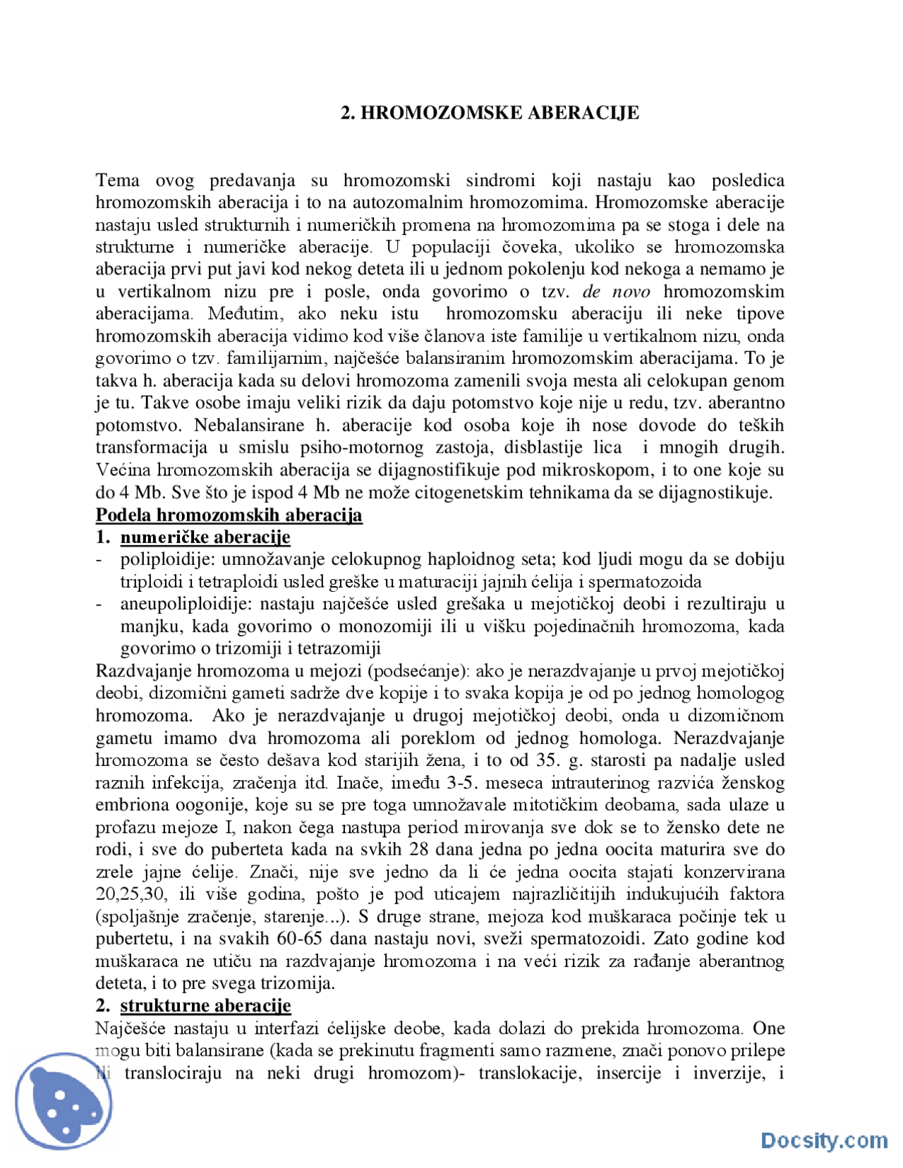 Hromozomske Aberacije Skripta Medicinska Genetika Rezime Predlog