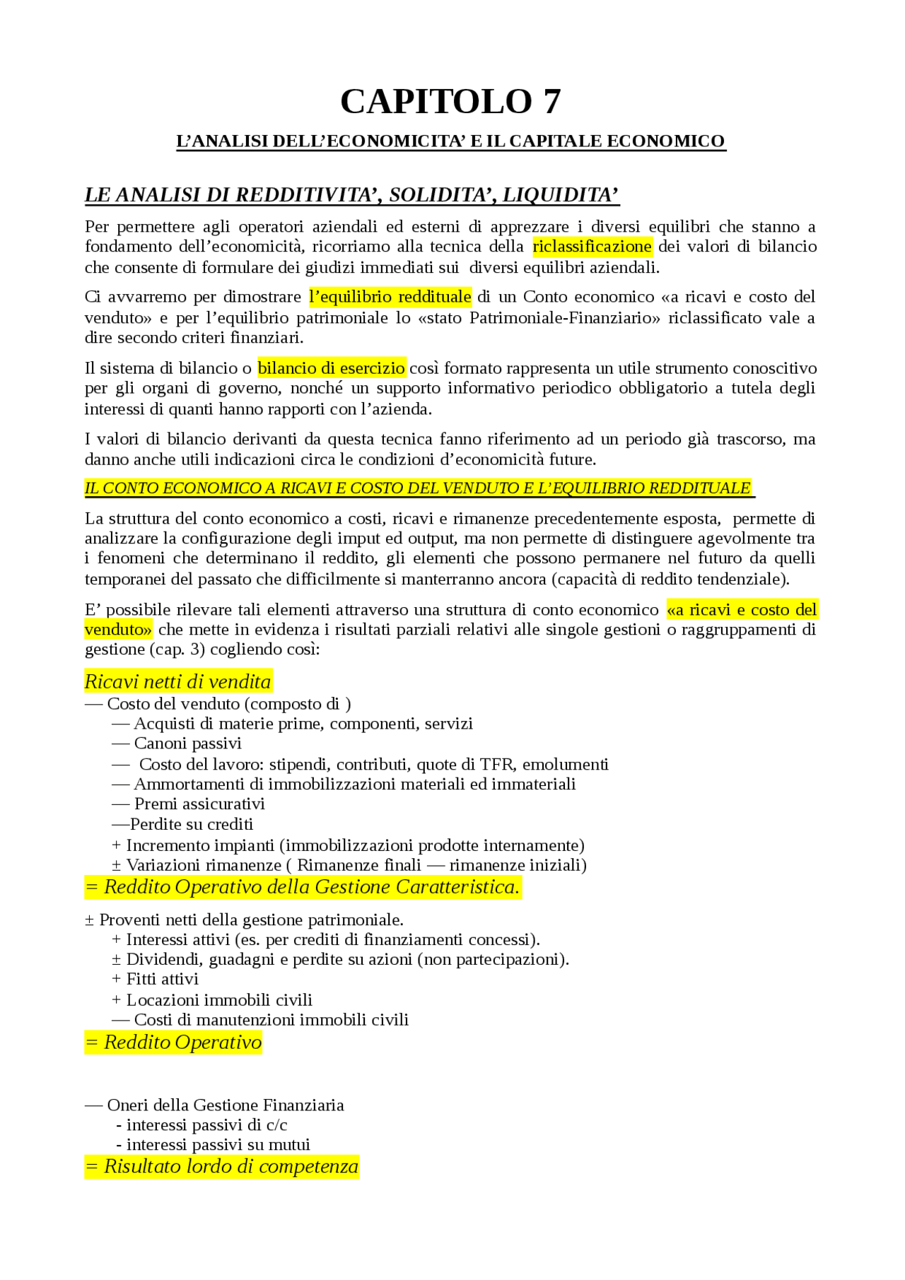CAP 7 - L analisi dell economicita e il capitale economico | Sintesi ...