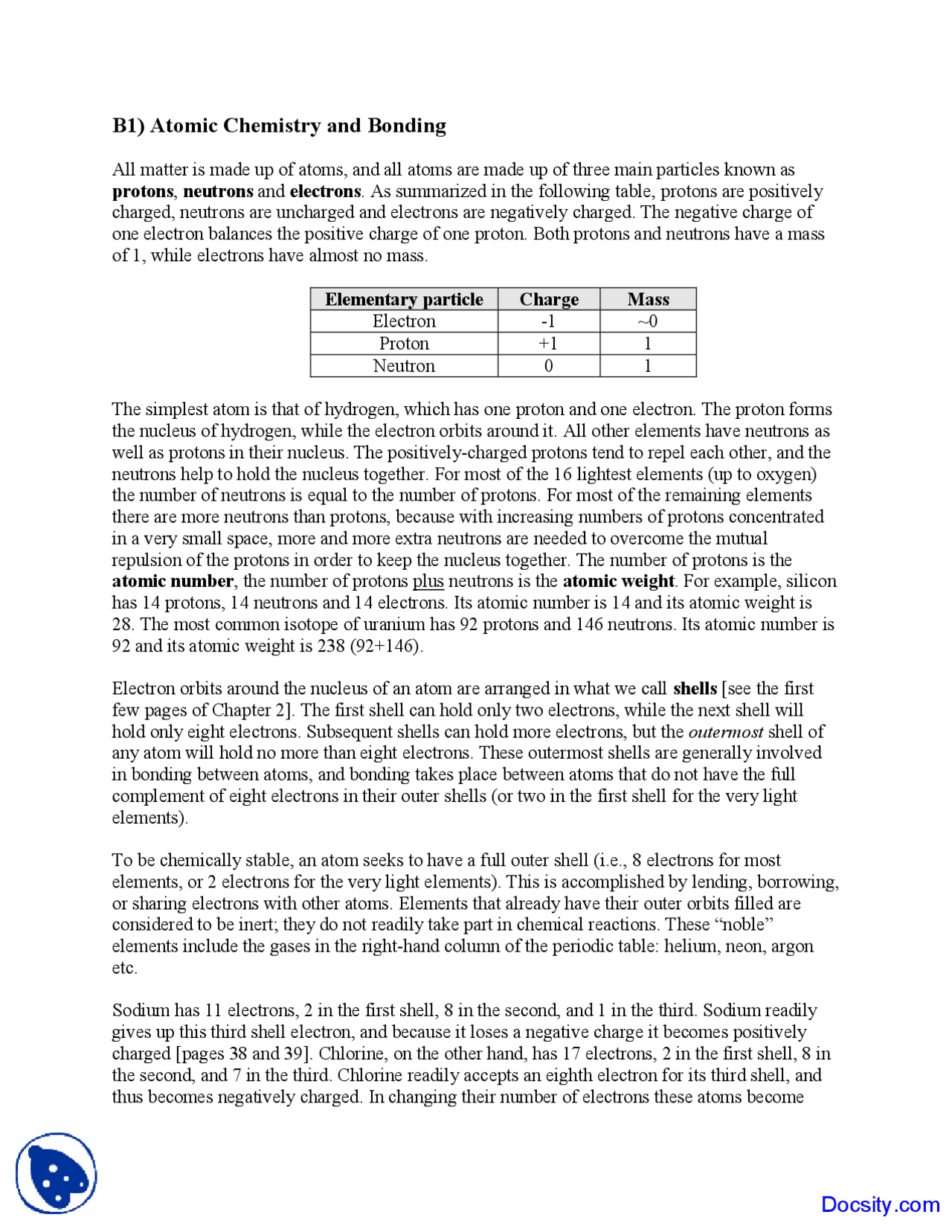 Atomic Chemistry - Geology - Lecture Note - Docsity