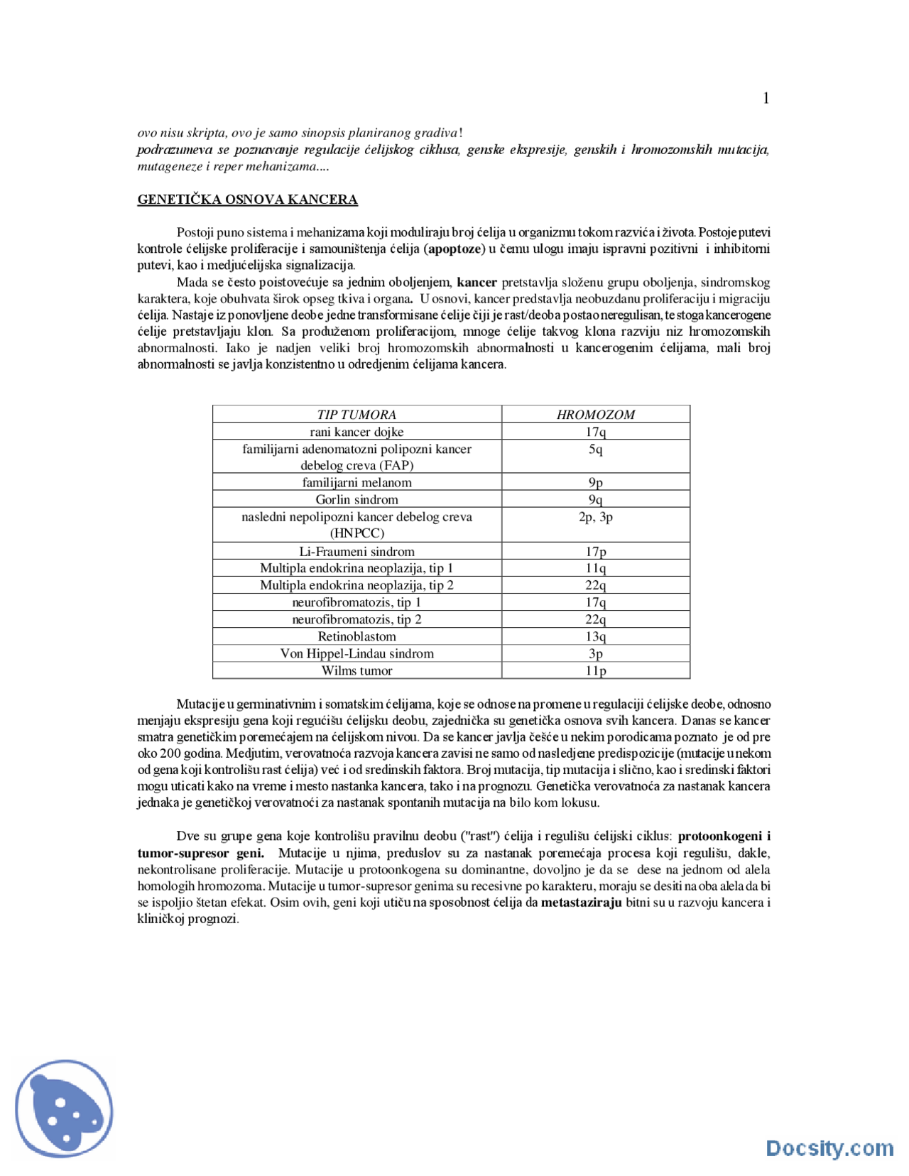 Kancer Skripta Principi Genetike Rezime Predlog Genetika Docsity