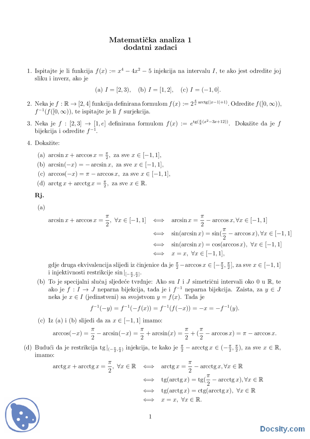 Zadaci-Vezbe-Matematicka analiza 1-Matematika (7) | Vežbe' predlog Matematička analiza - Docsity