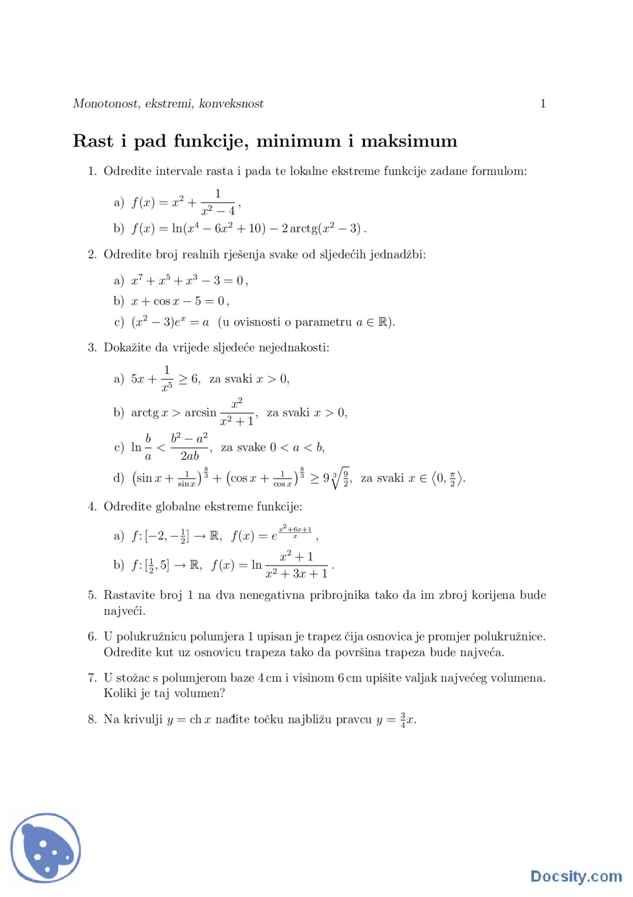 Monotonost, ekstremi, konveksnost-Vezbe-Matematicka analiza 1-Matematika | Vežbe' predlog ...