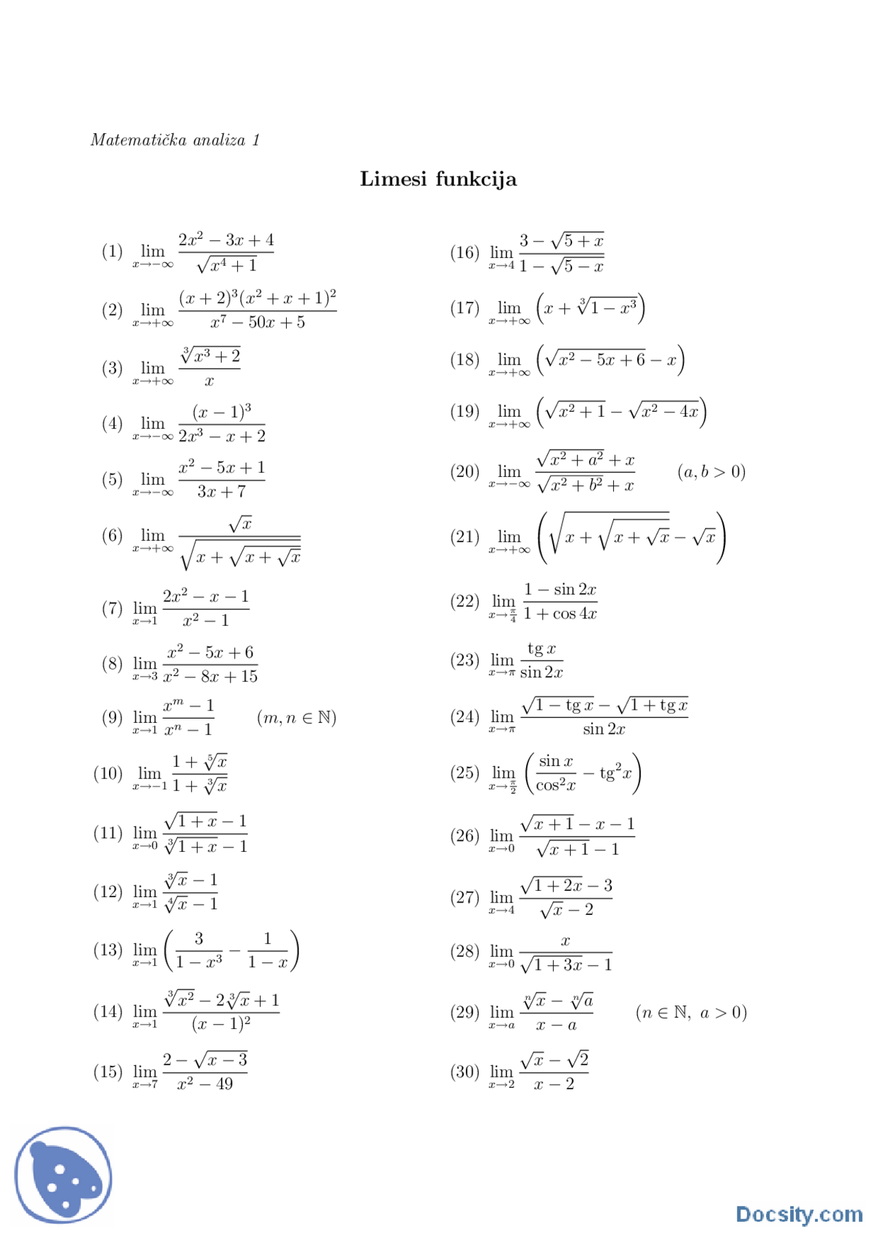 Limesi funkcija-Vezbe-Matematicka analiza 1-Matematika | Vežbe' predlog Matematička analiza ...