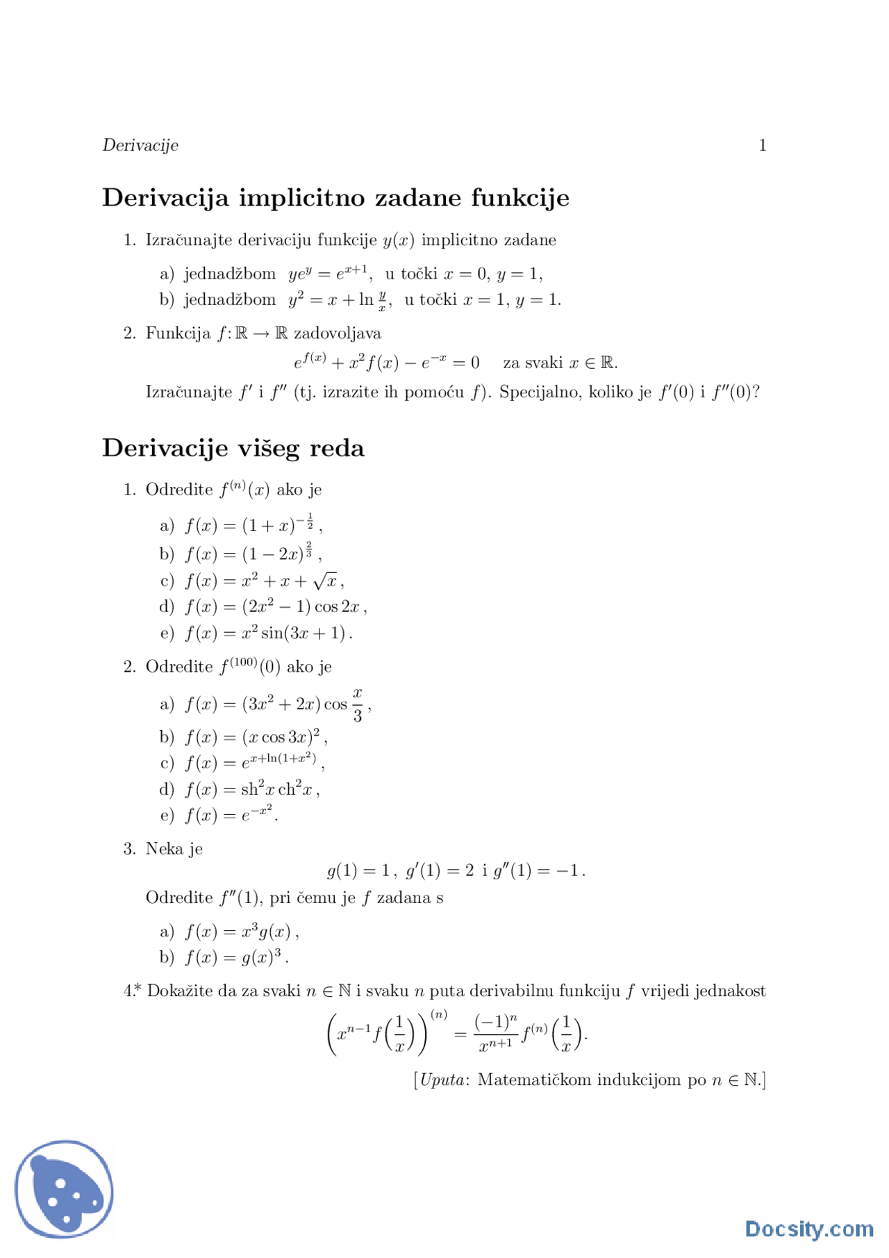 Derivacije-Vezbe-Matematicka analiza 1-Matematika | Vežbe' predlog Matematička analiza - Docsity