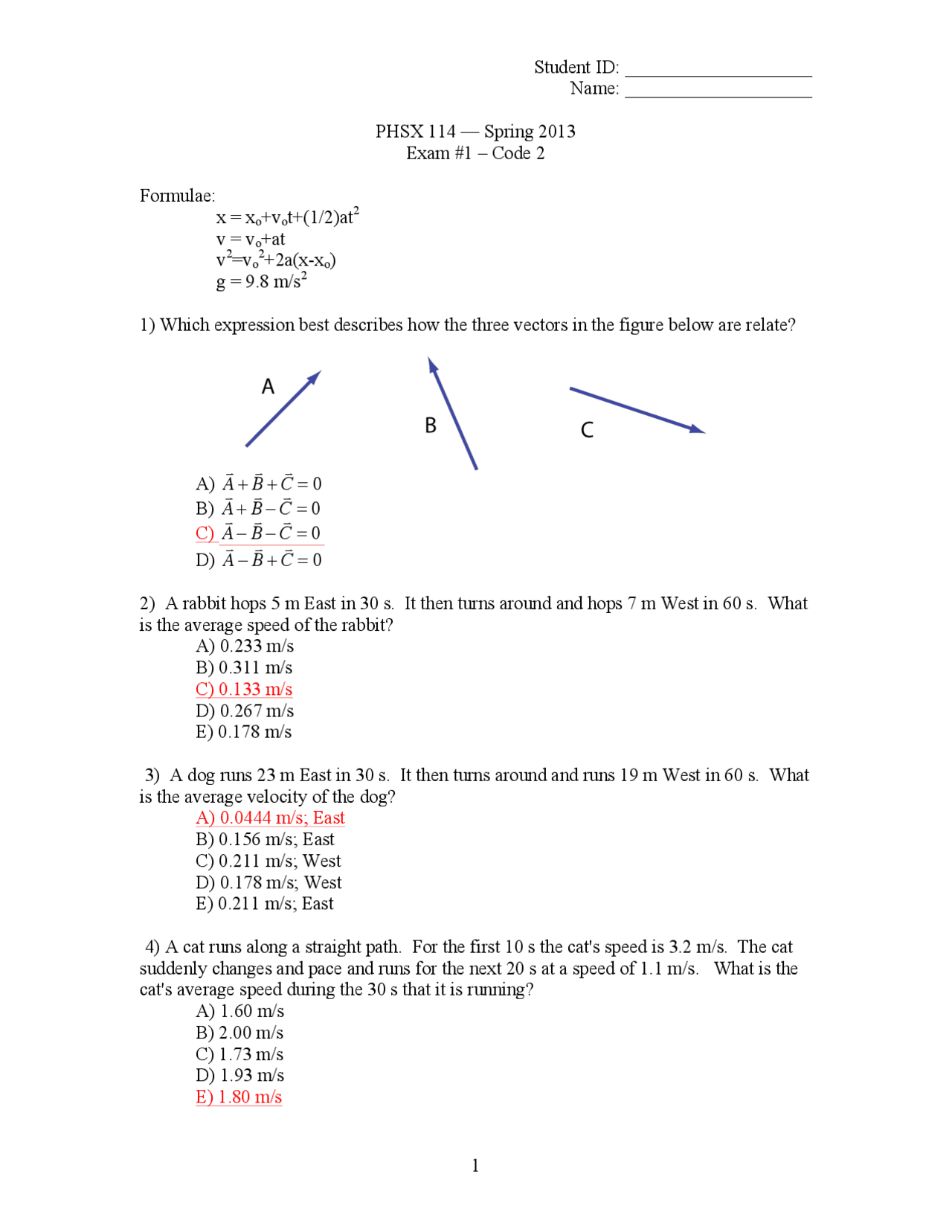 College Physics I - Midterm Exam with Answer key | PHSX 114 - Docsity