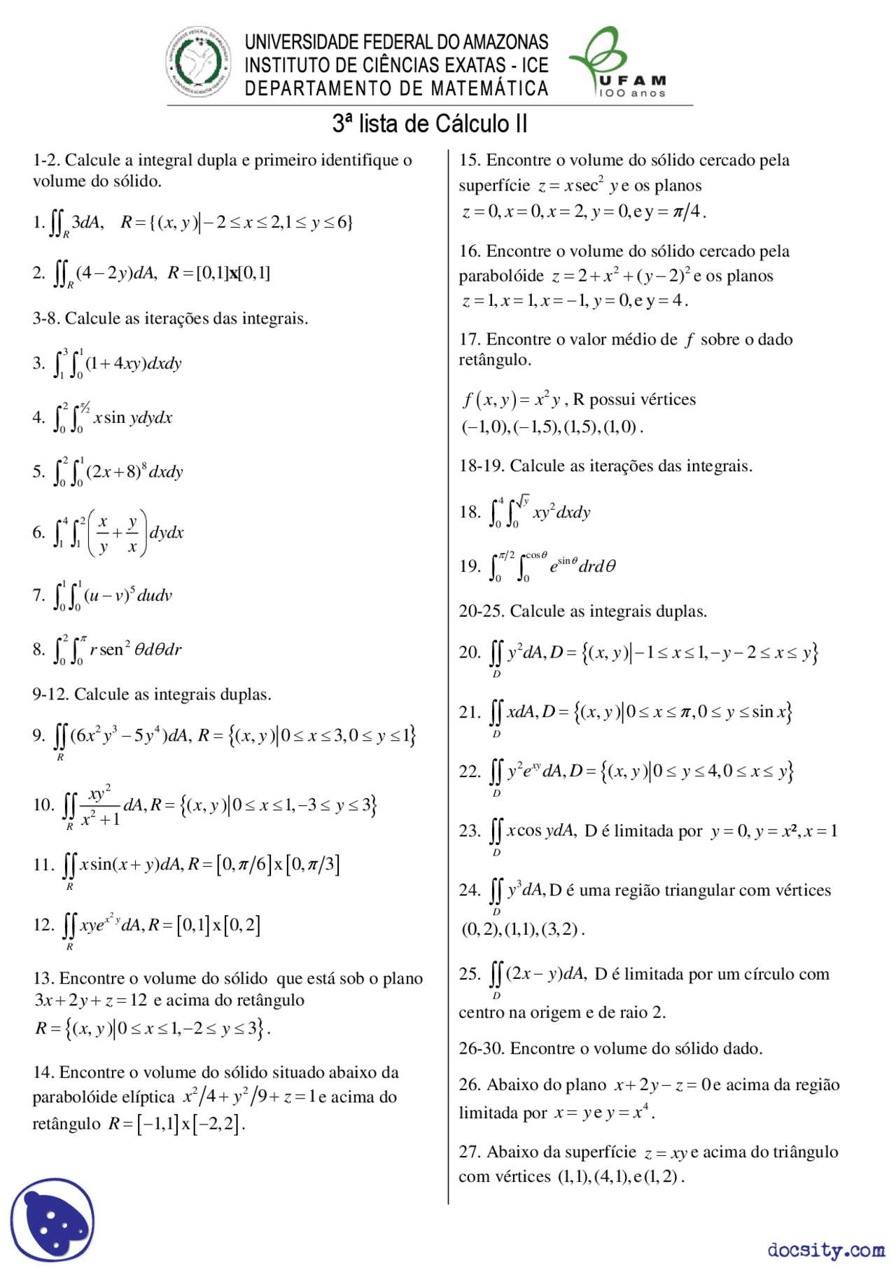 Cálculo Ii Exercícios Cálculo Ii Docsity