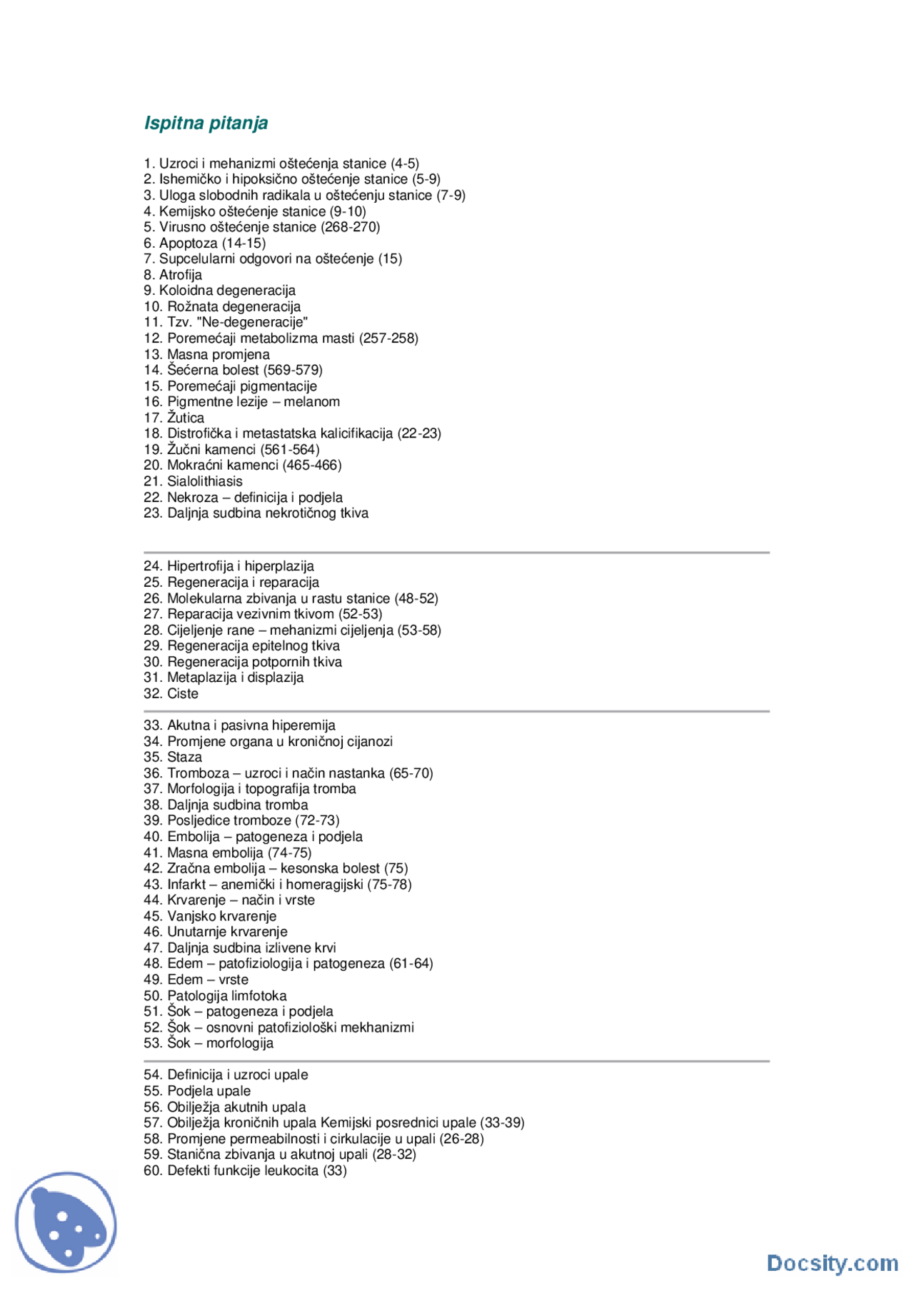 Ispitna pitanja-Ispit-Patologija-Medicina | Ispiti' predlog Patologija - Docsity
