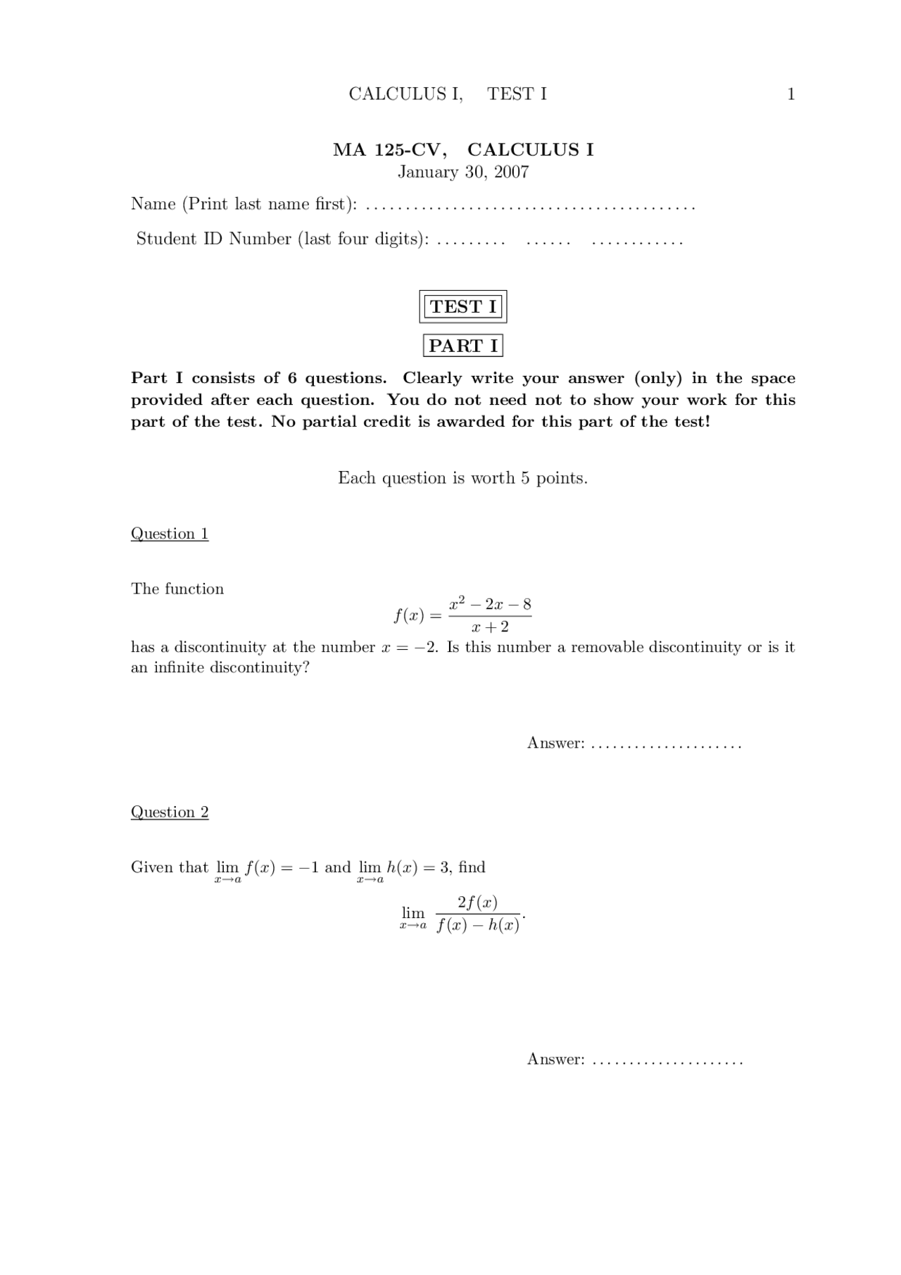 Infinite Discontinuity - Calculus I - Exam - Docsity